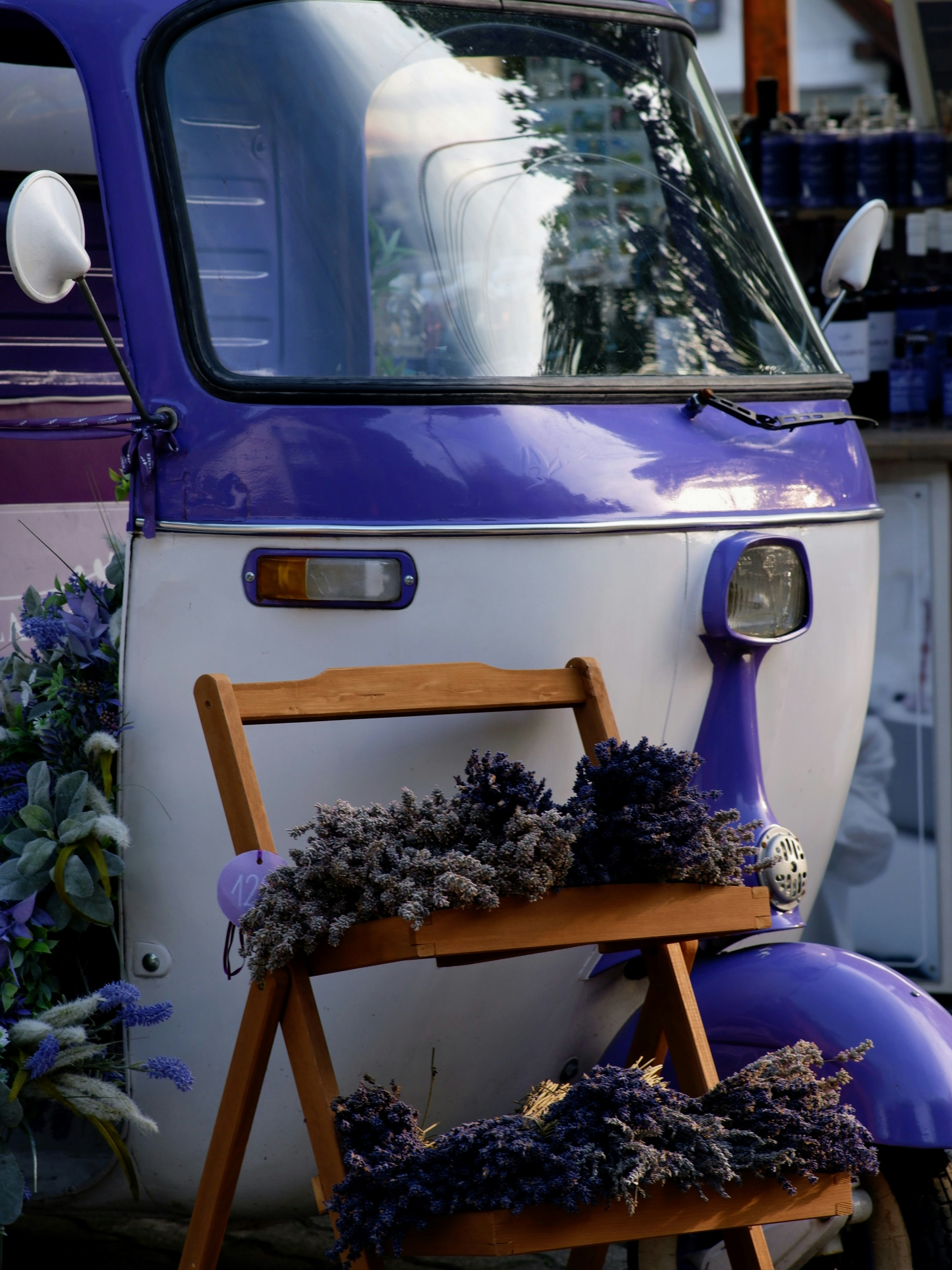 Lavender on Display by a Retro Purple Van