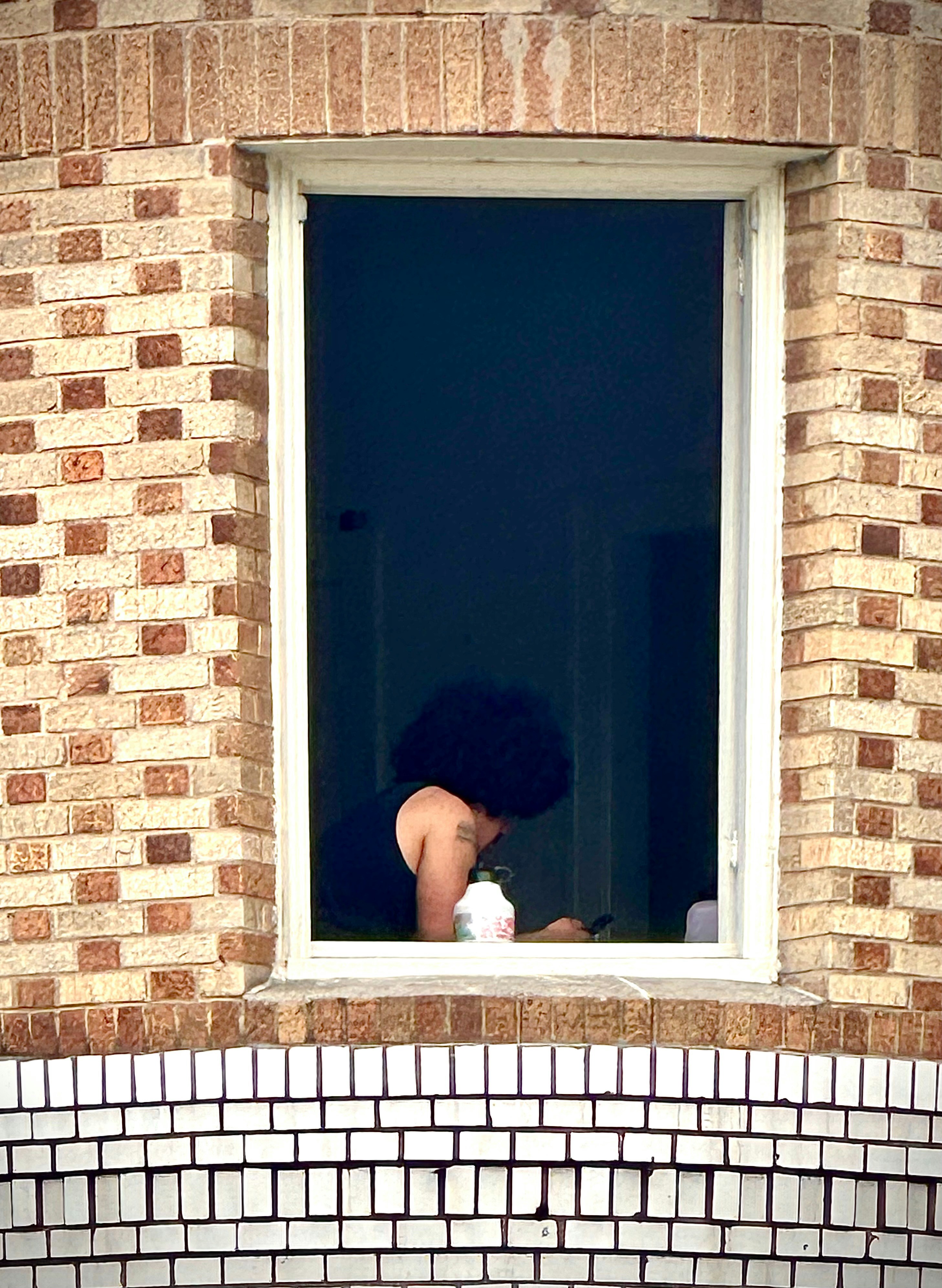 A woman sitting in a window with a cup of coffee photo – Free Man Image ...