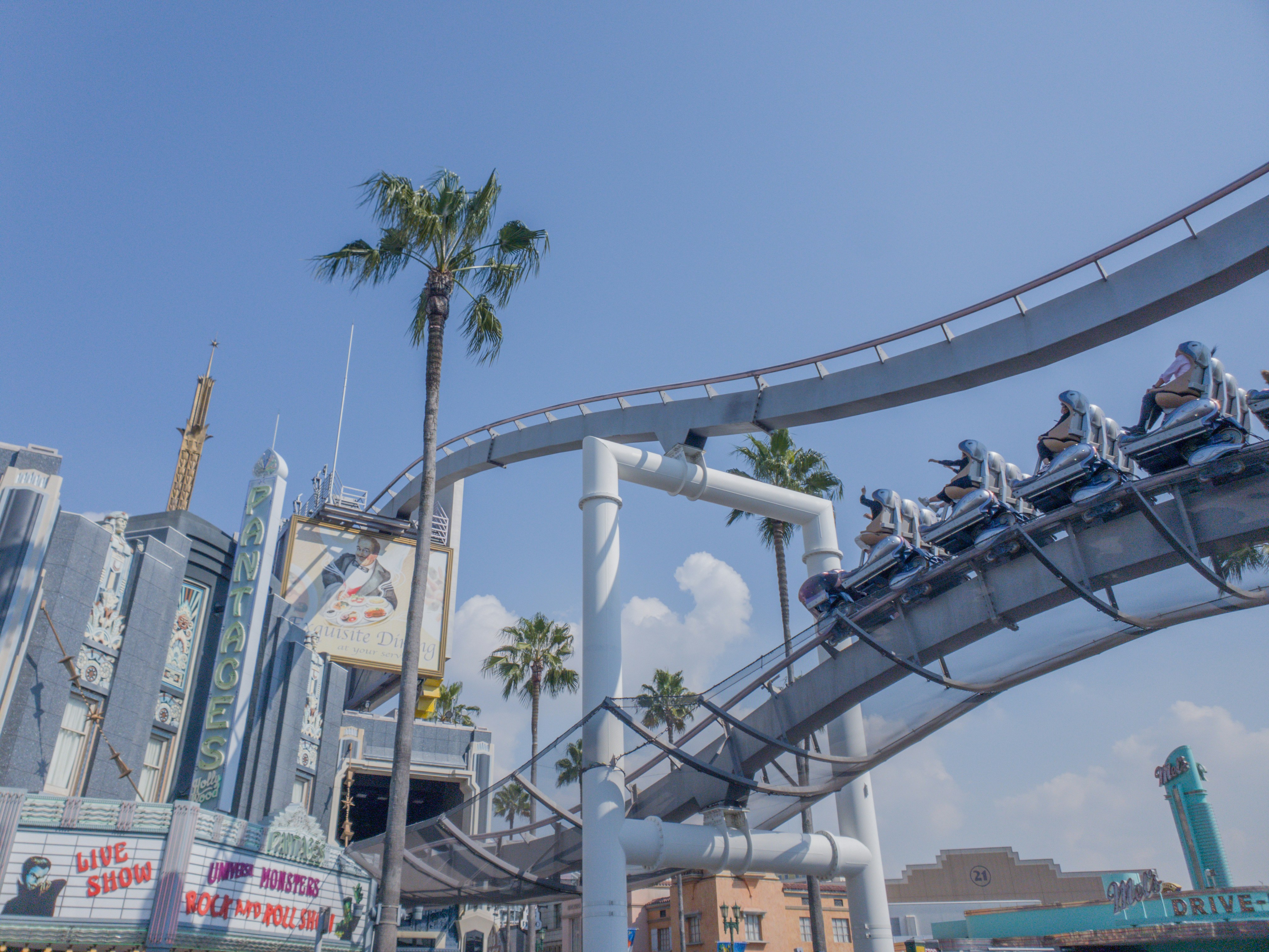 Palm Shadows Beneath a Spiral Coaster Against a Futuristic Cityscape