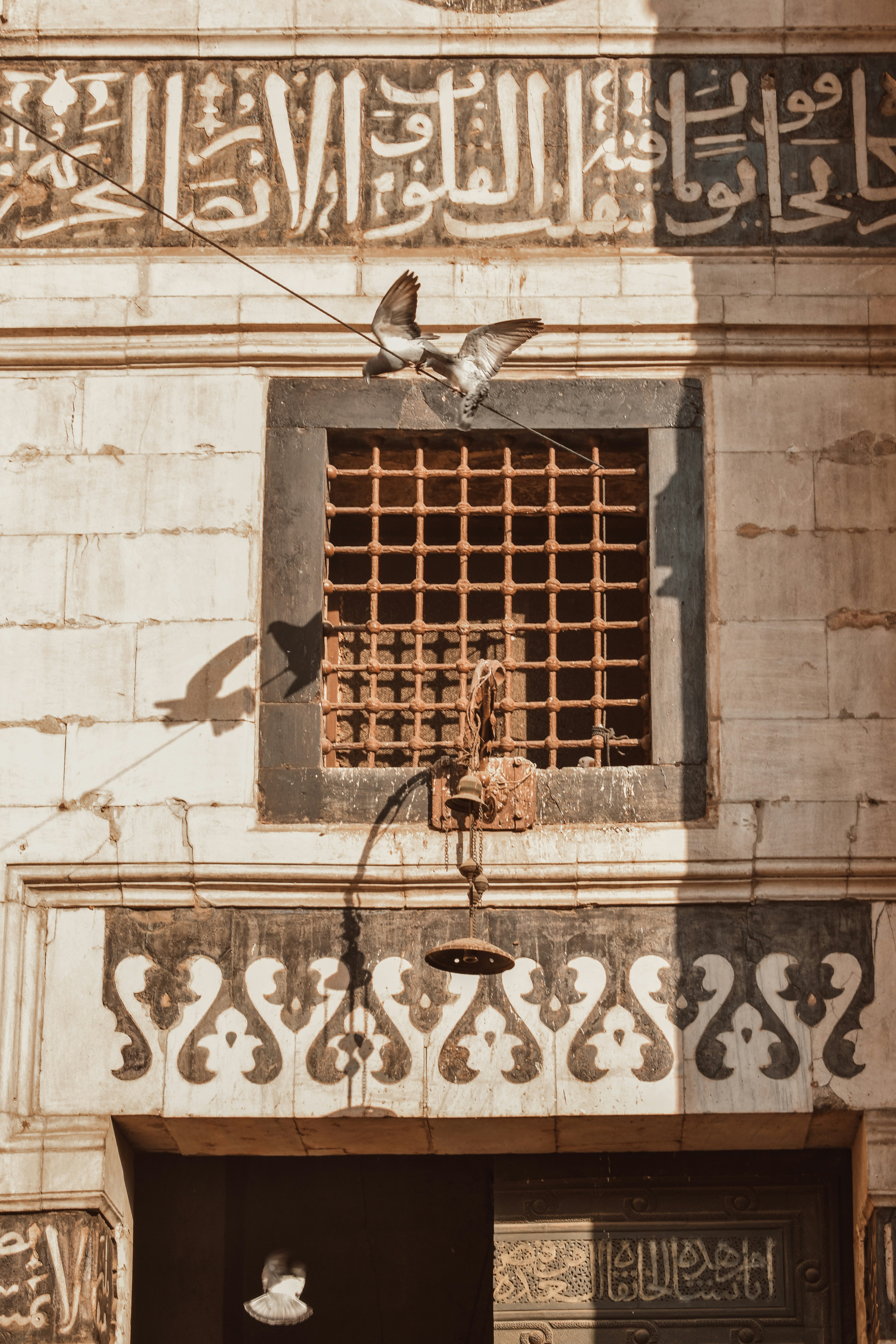 Bird in Flight Above a Latticed Window on a Sunlit Arabic Facade