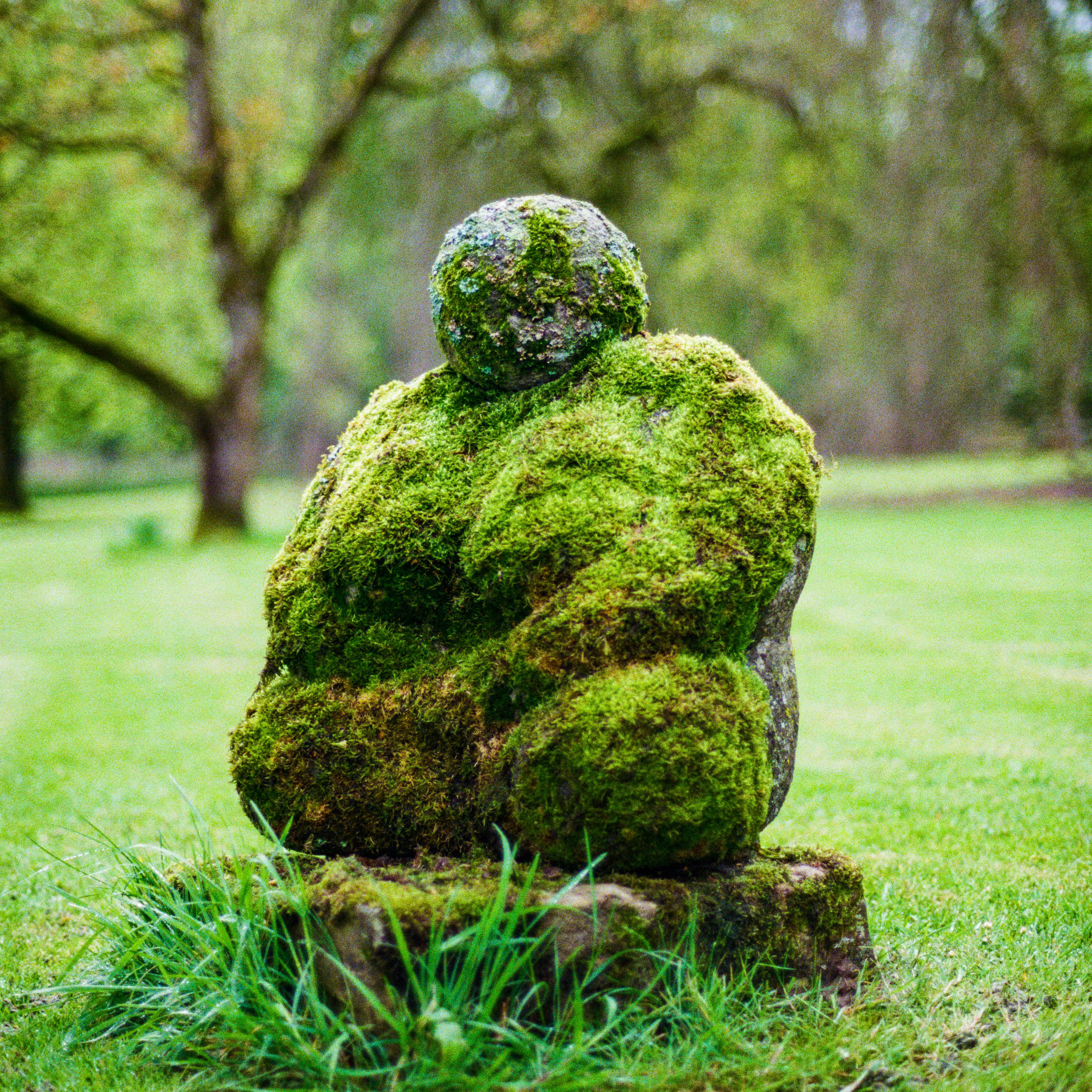 A moss covered statue sitting on top of a lush green field photo – Free ...