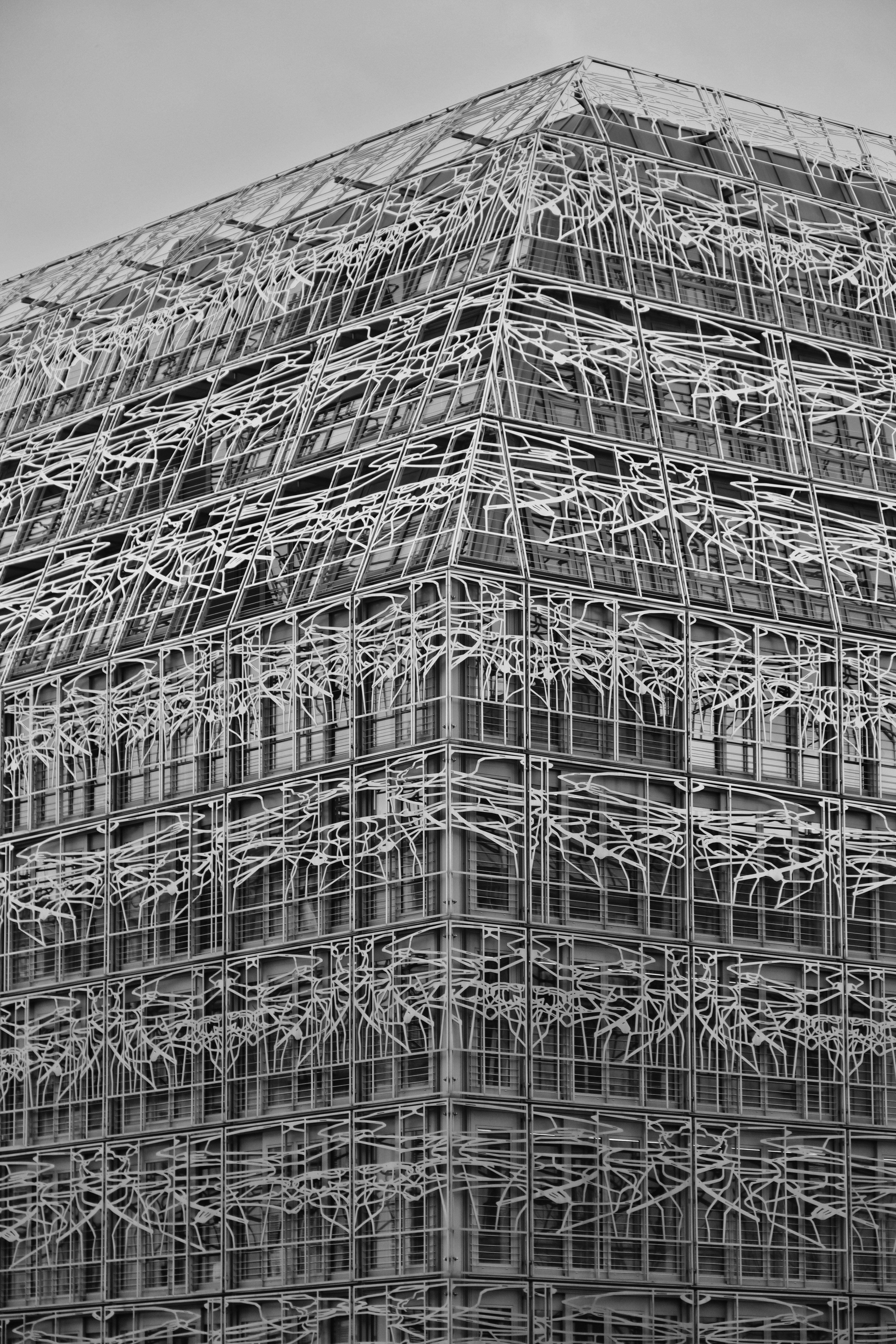 Fractal Facade: Monochrome Lattice Geometry on a Cornered High-Rise