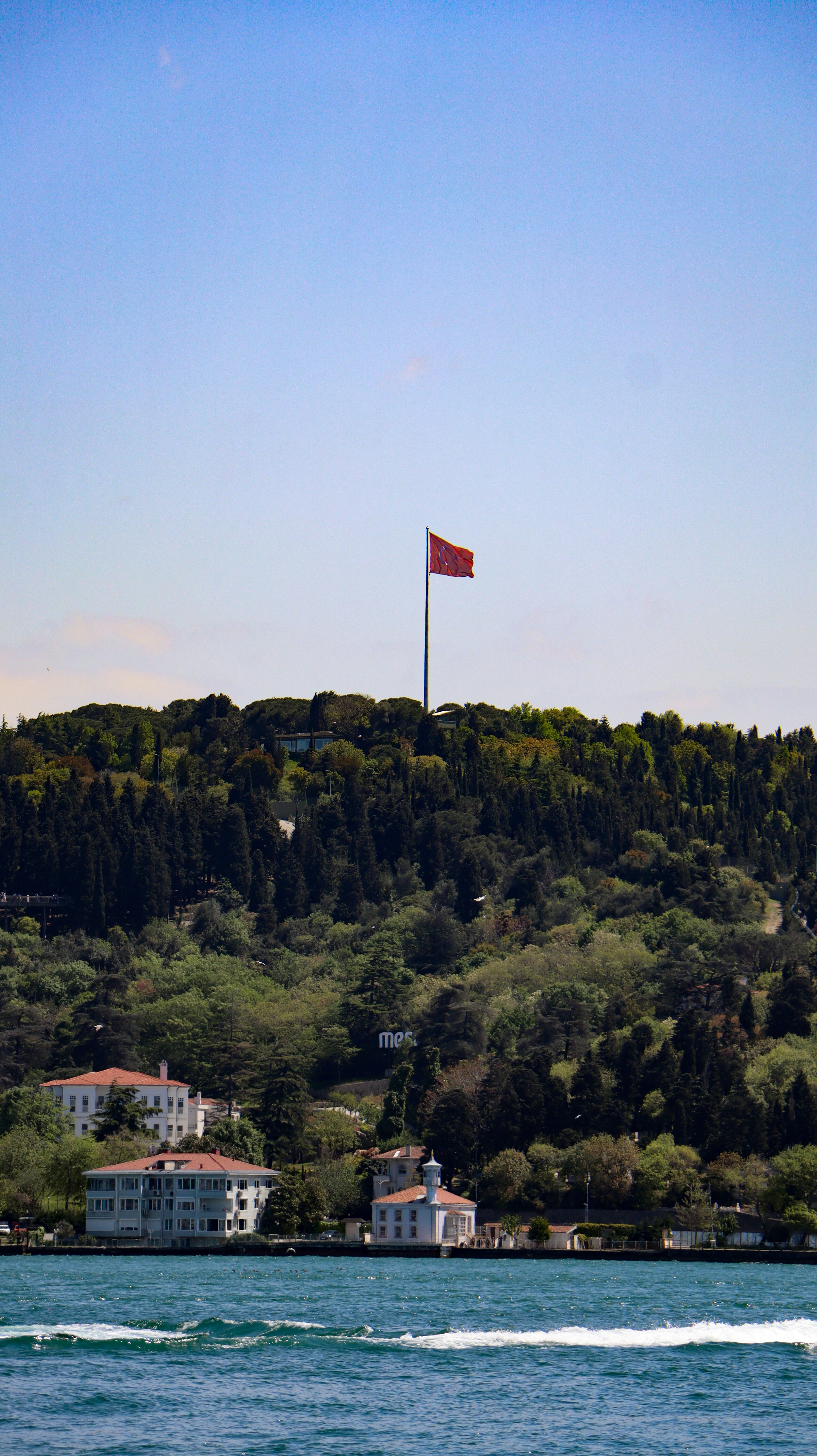 Flag atop the hill: a lone beacon over the tree line