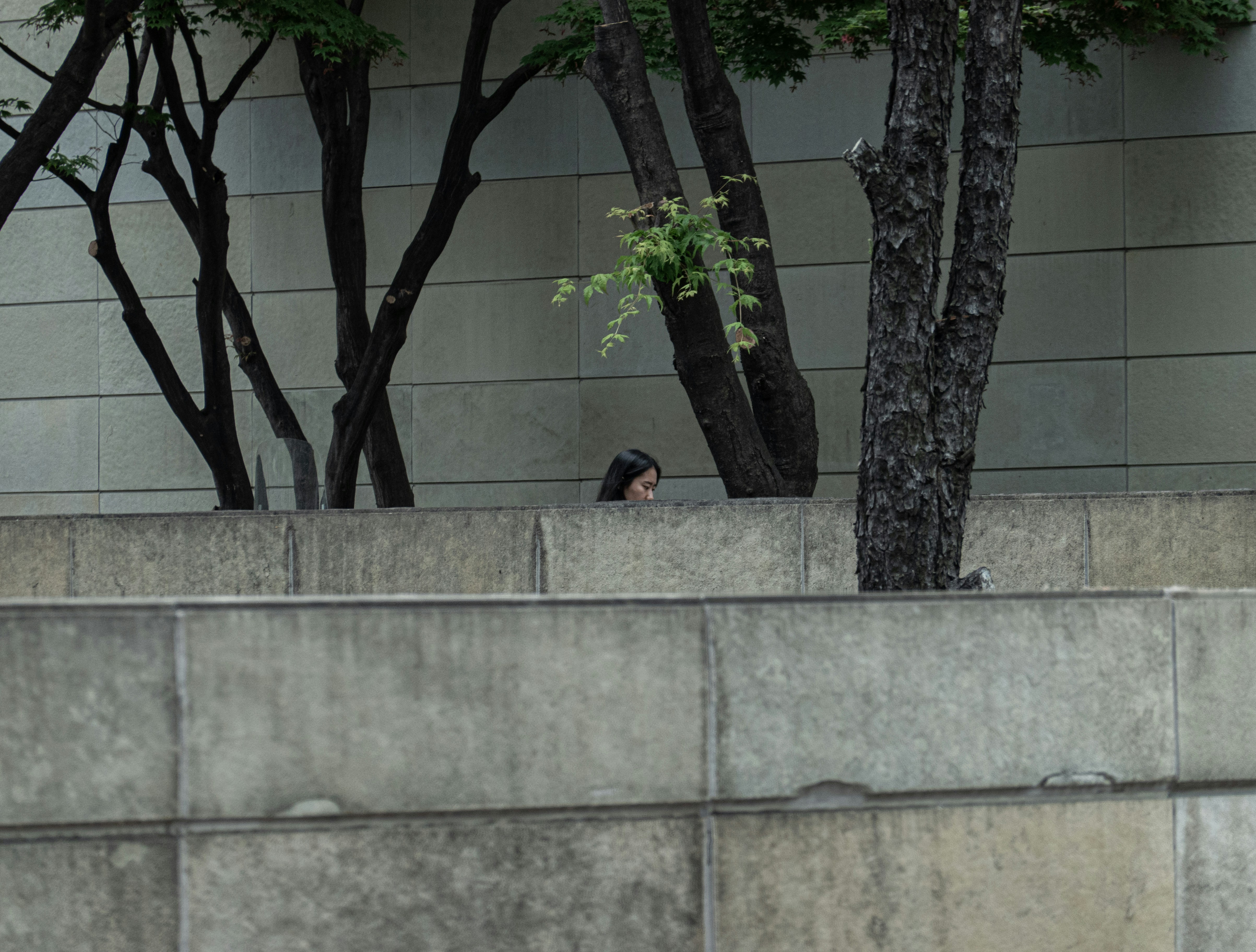 A Quiet Figure Peeks Over a Concrete Urban Terrace