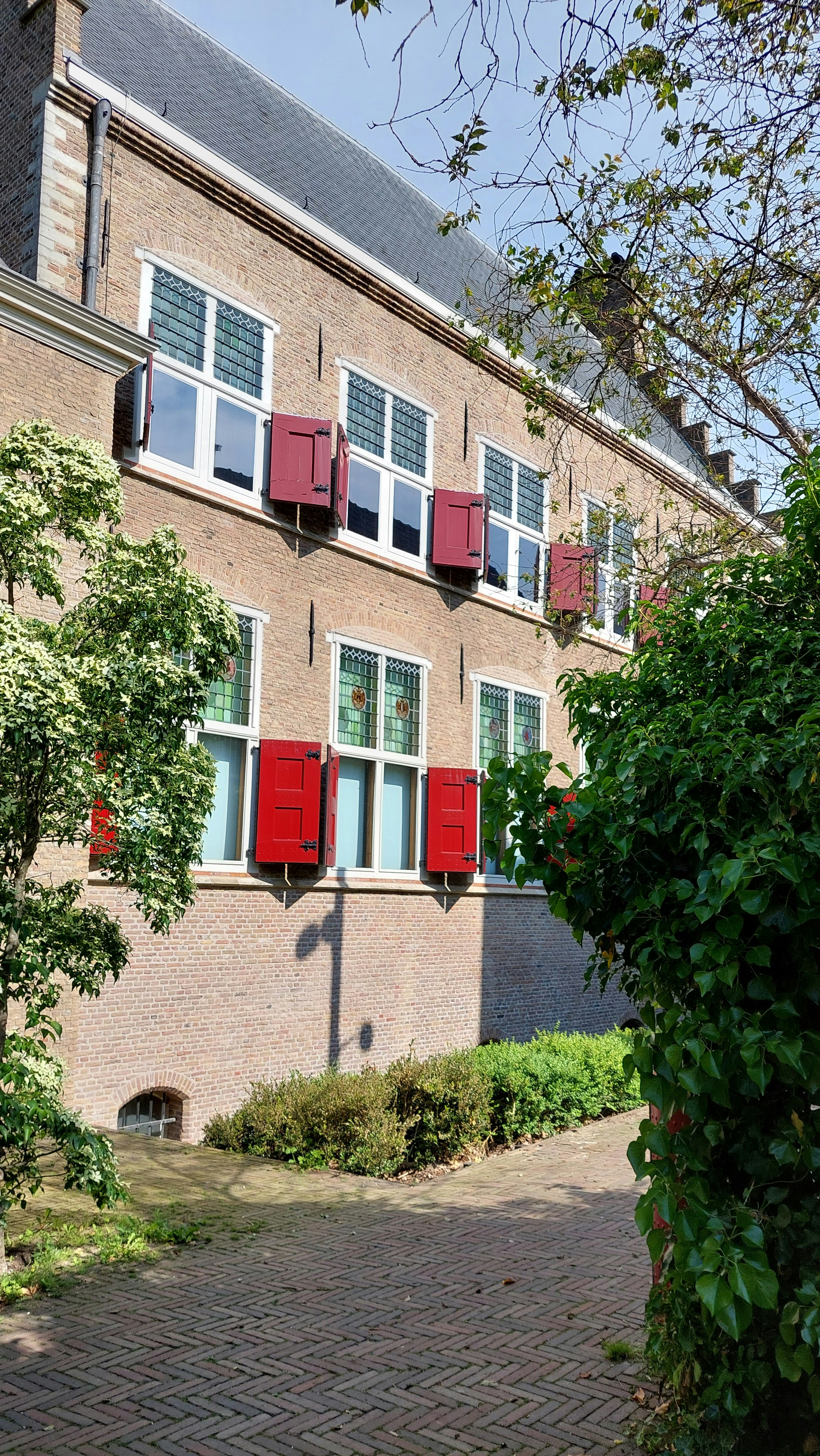 Crimson Shutters and Sunlit Brick: A Quiet Terrace of Windows