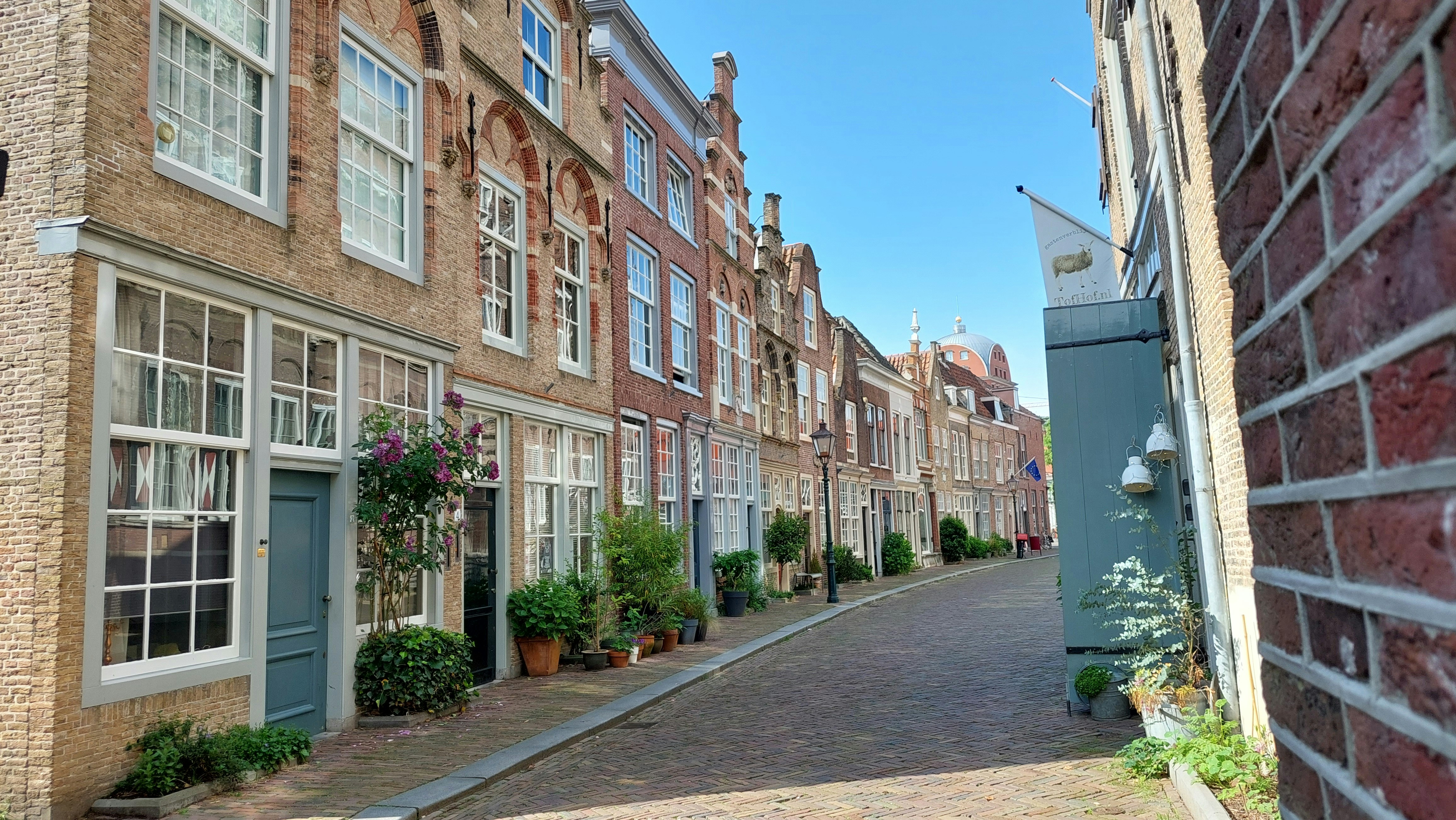 Historic brick buildings line a narrow cobblestone street adorned with potted plants and flowers under a bright blue sky.