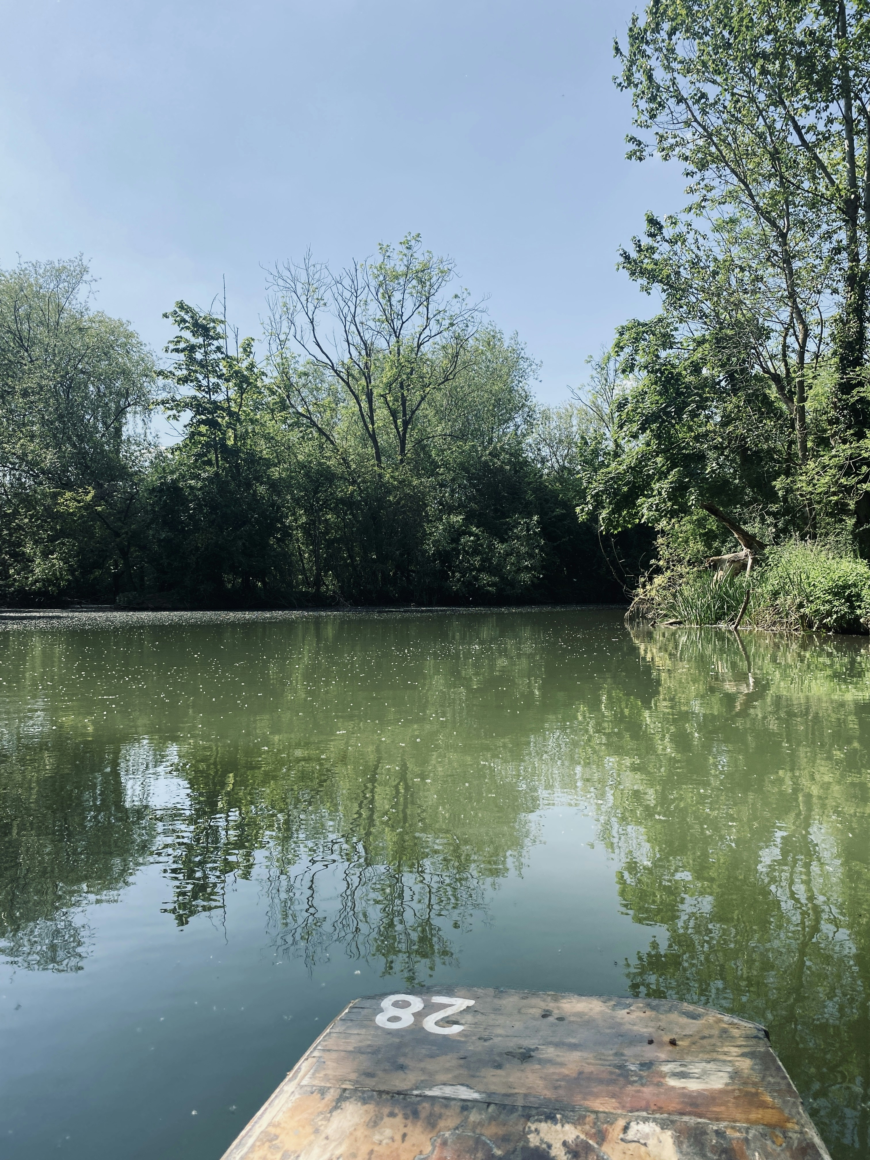 A serene view of a calm water body surrounded by lush greenery and trees, with a boat's bow partially visible in the foreground.