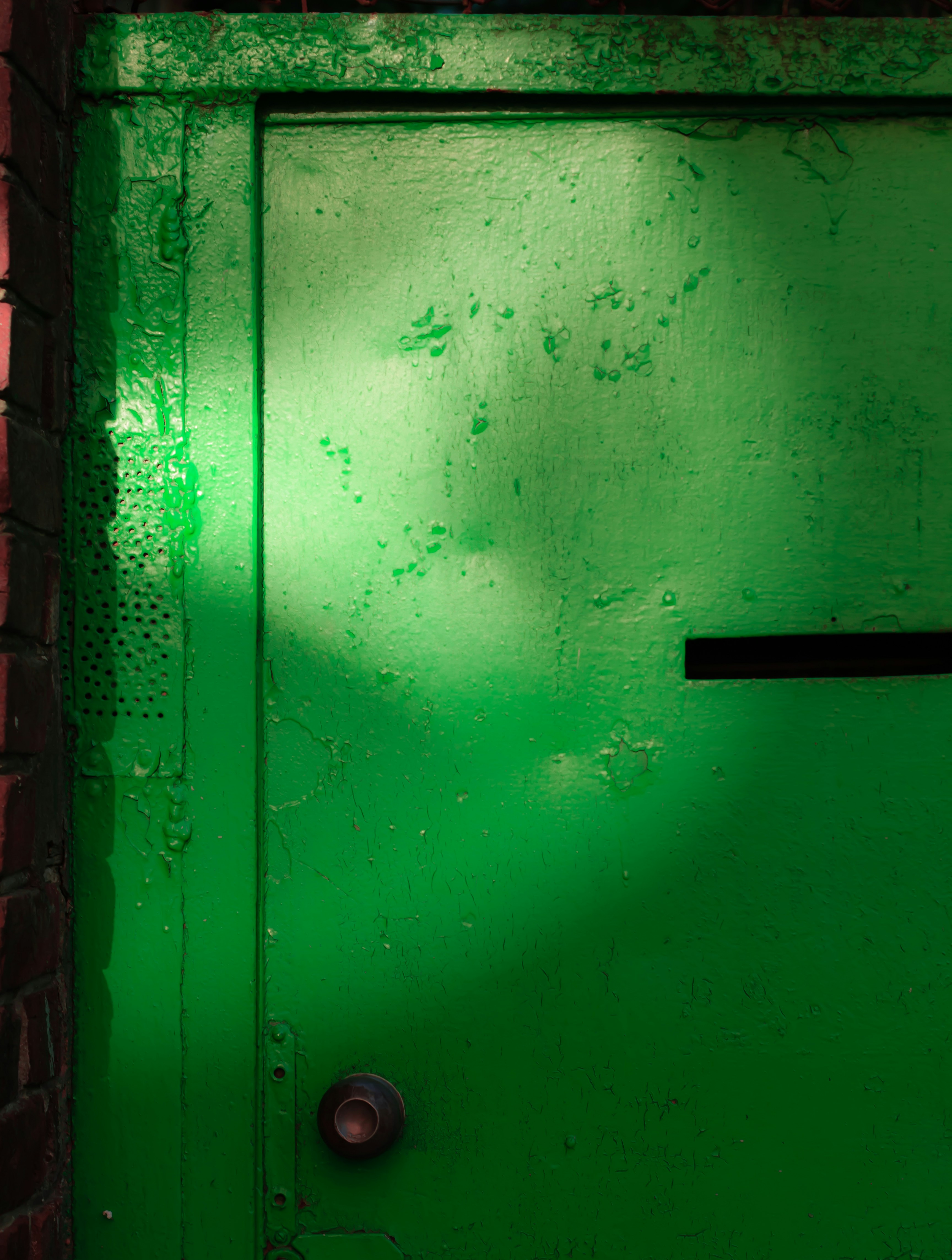 Emerald Threshold: Textured Metal Door Under Neon Shadow