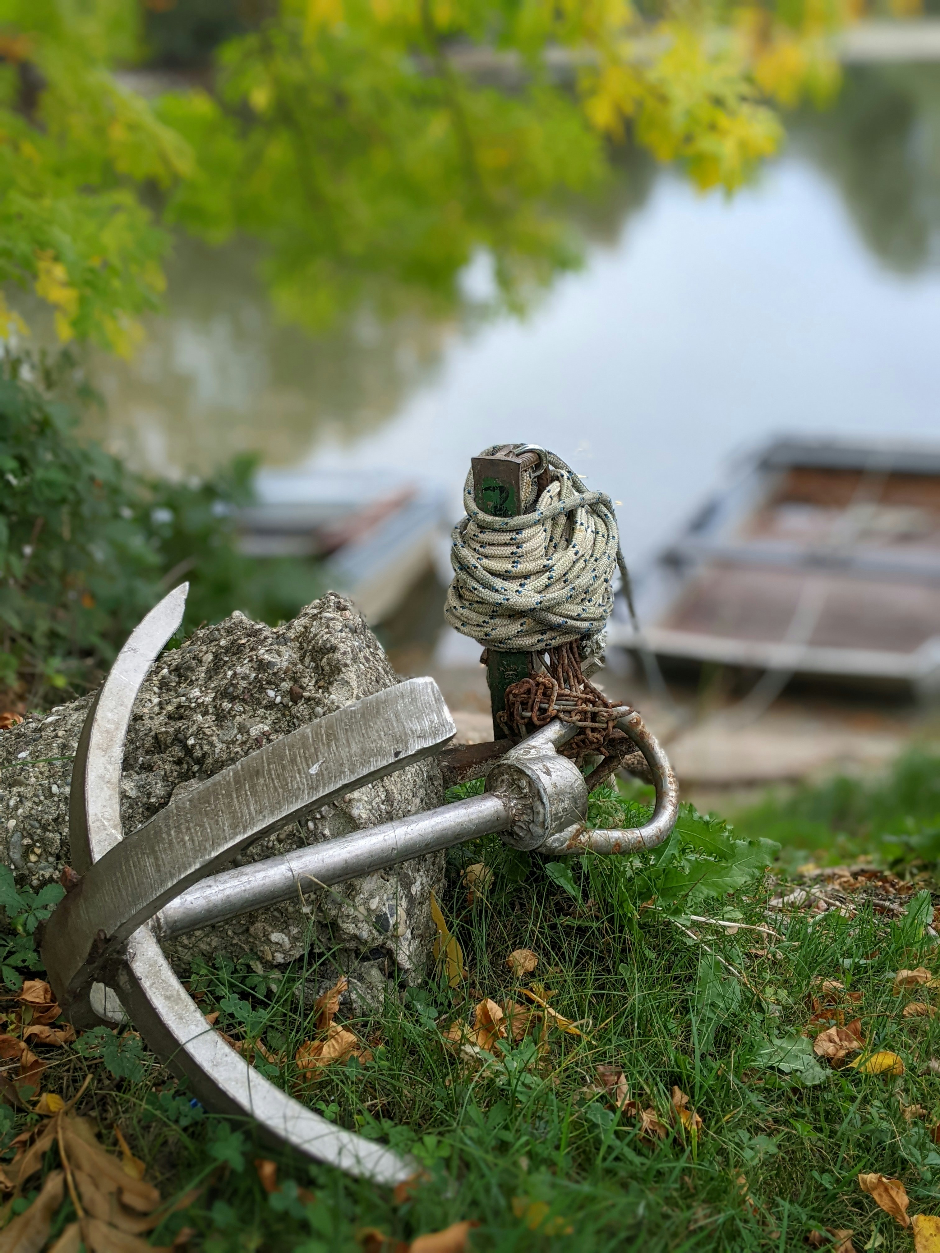 Rope-Wrapped Harbor Relic by a Tranquil Lakeside