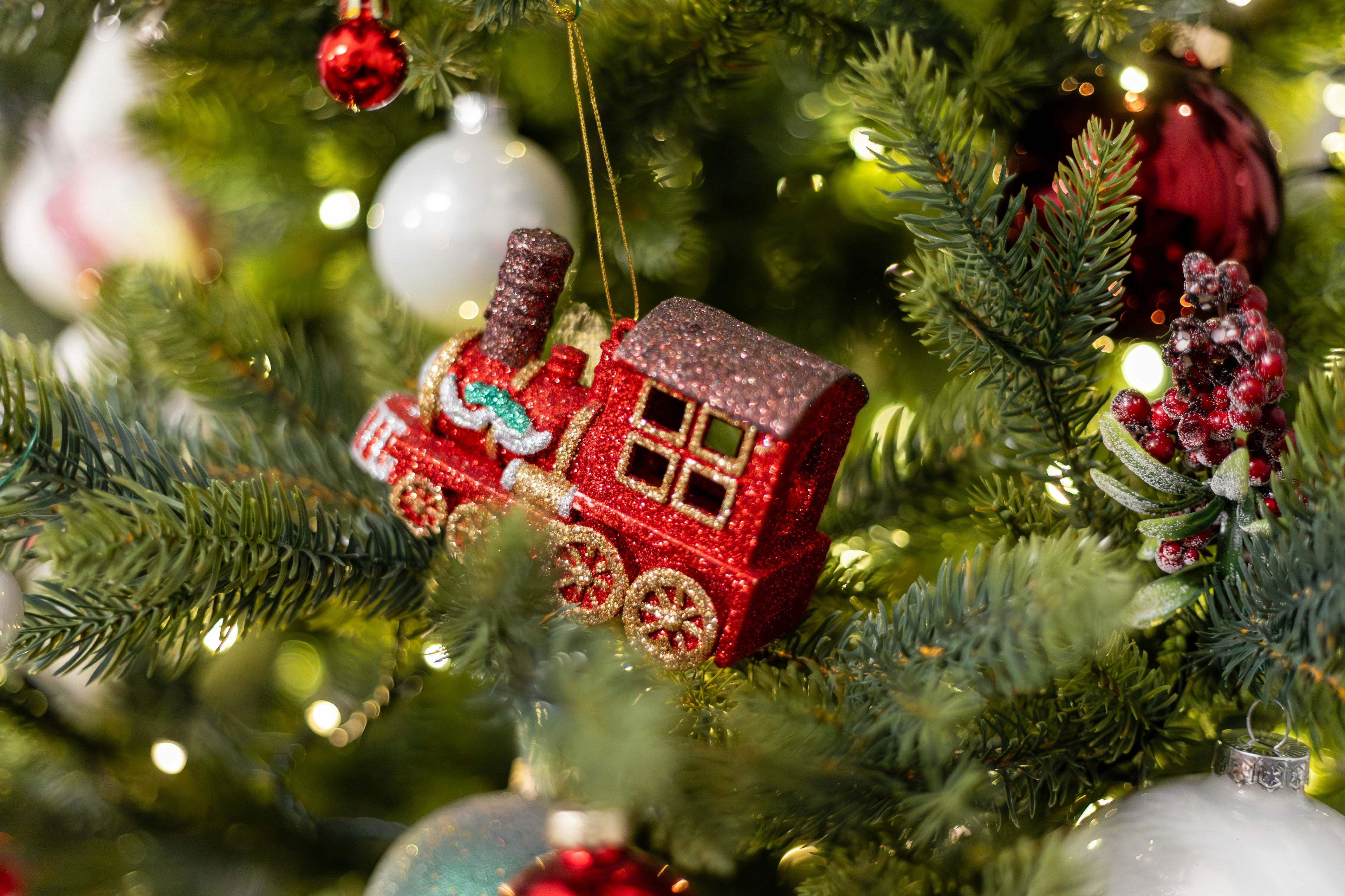Tiny Christmas Train Sparkle Among Pine Needles