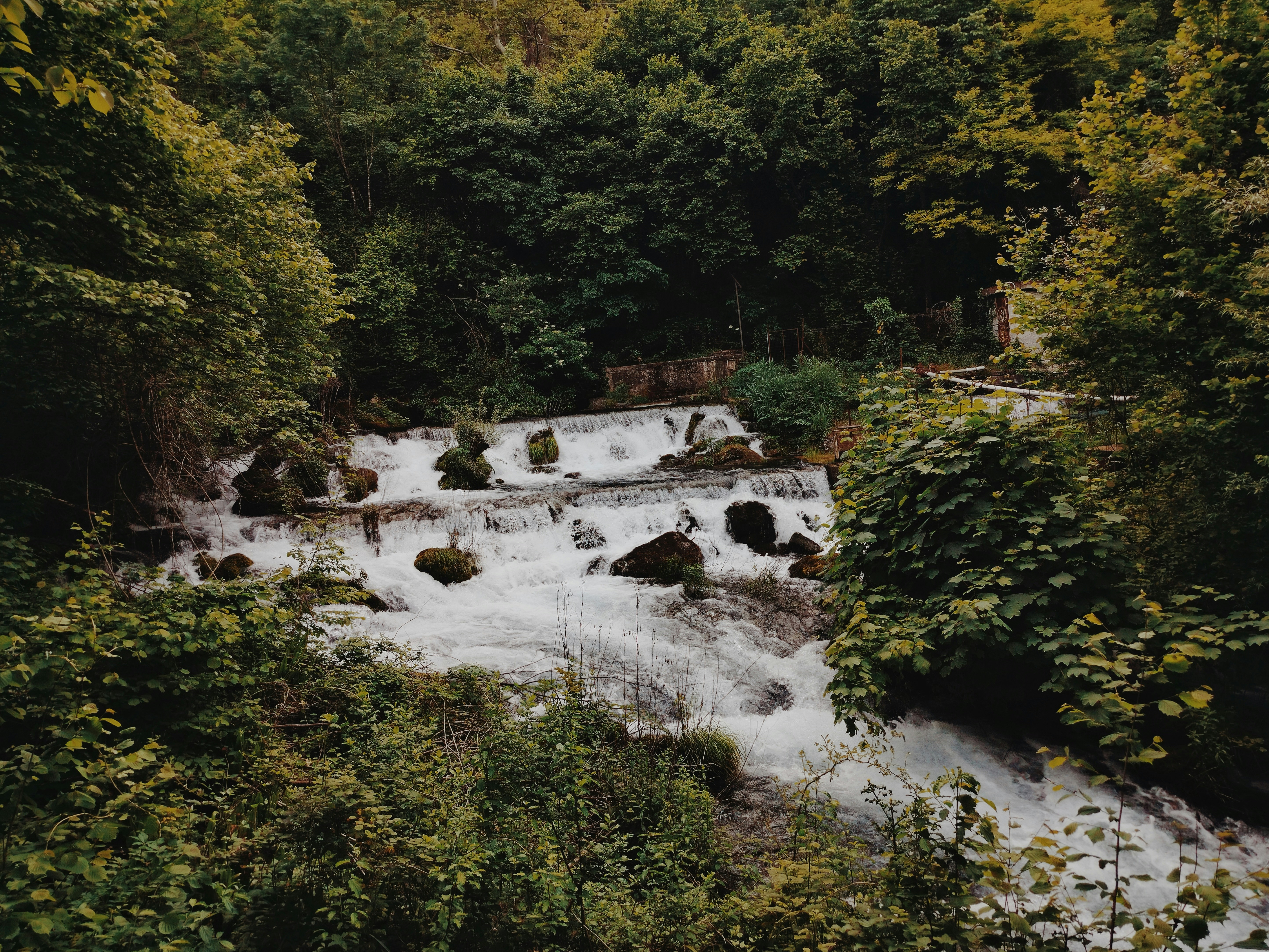 Rushing water flows over moss-covered rocks, forming a multi-tiered cascade. Dense forest surrounds the scene, emphasizing a tranquil, natural setting.