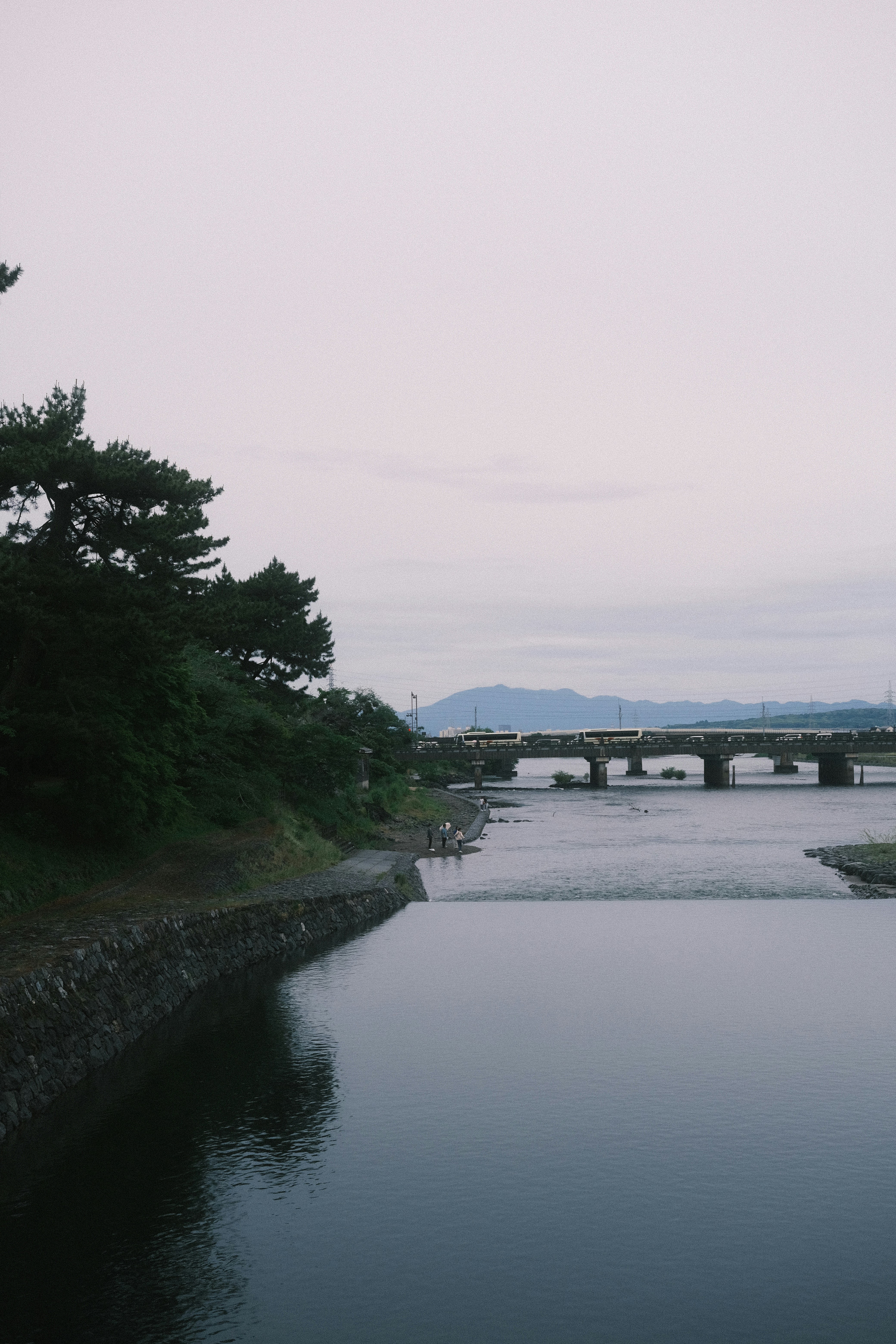 Pastel Dusk Over the River: A Bridge Crossing Between Forest and Water