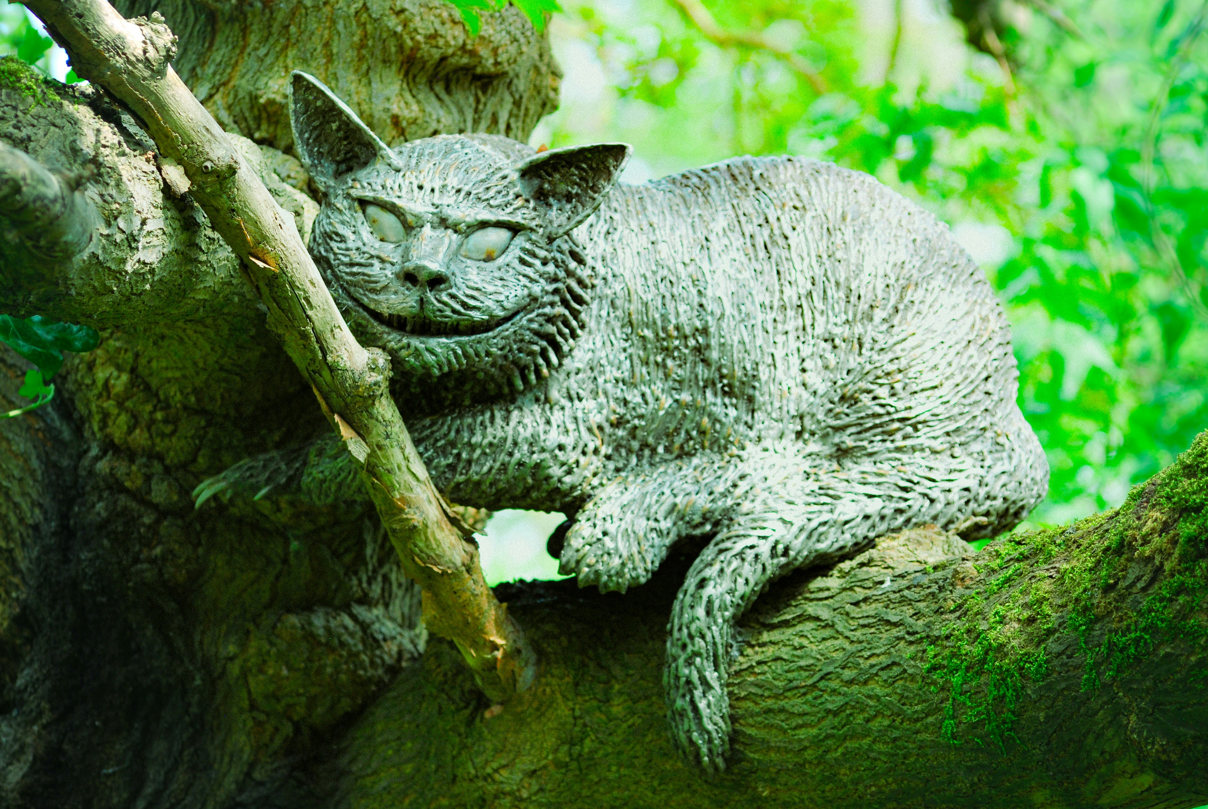 Stone Cat in a Mossy Grove: a Quiet Guardian on a Fern-Lined Branch