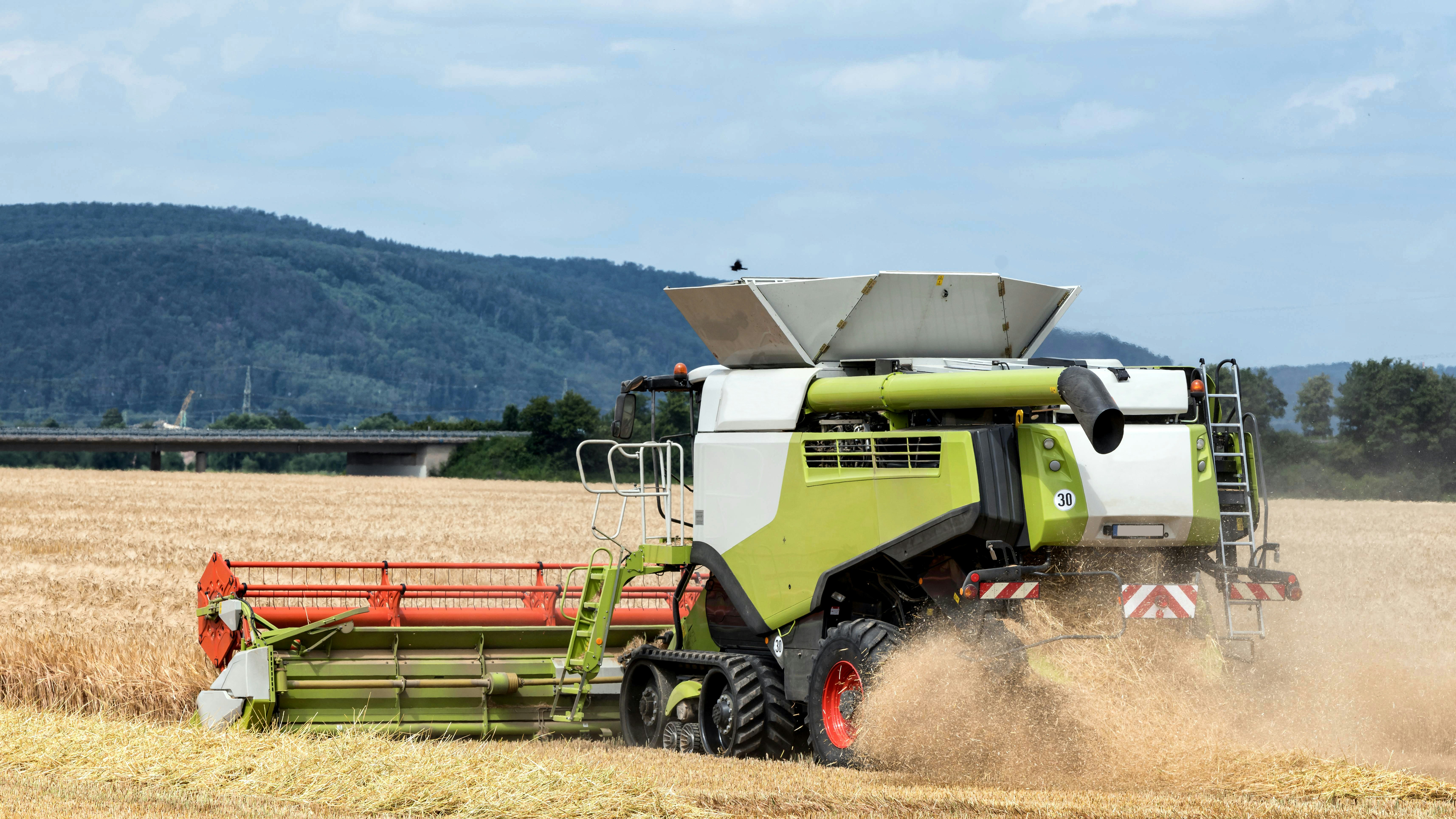 A green and white combine is in the middle of a field photo – Free ...