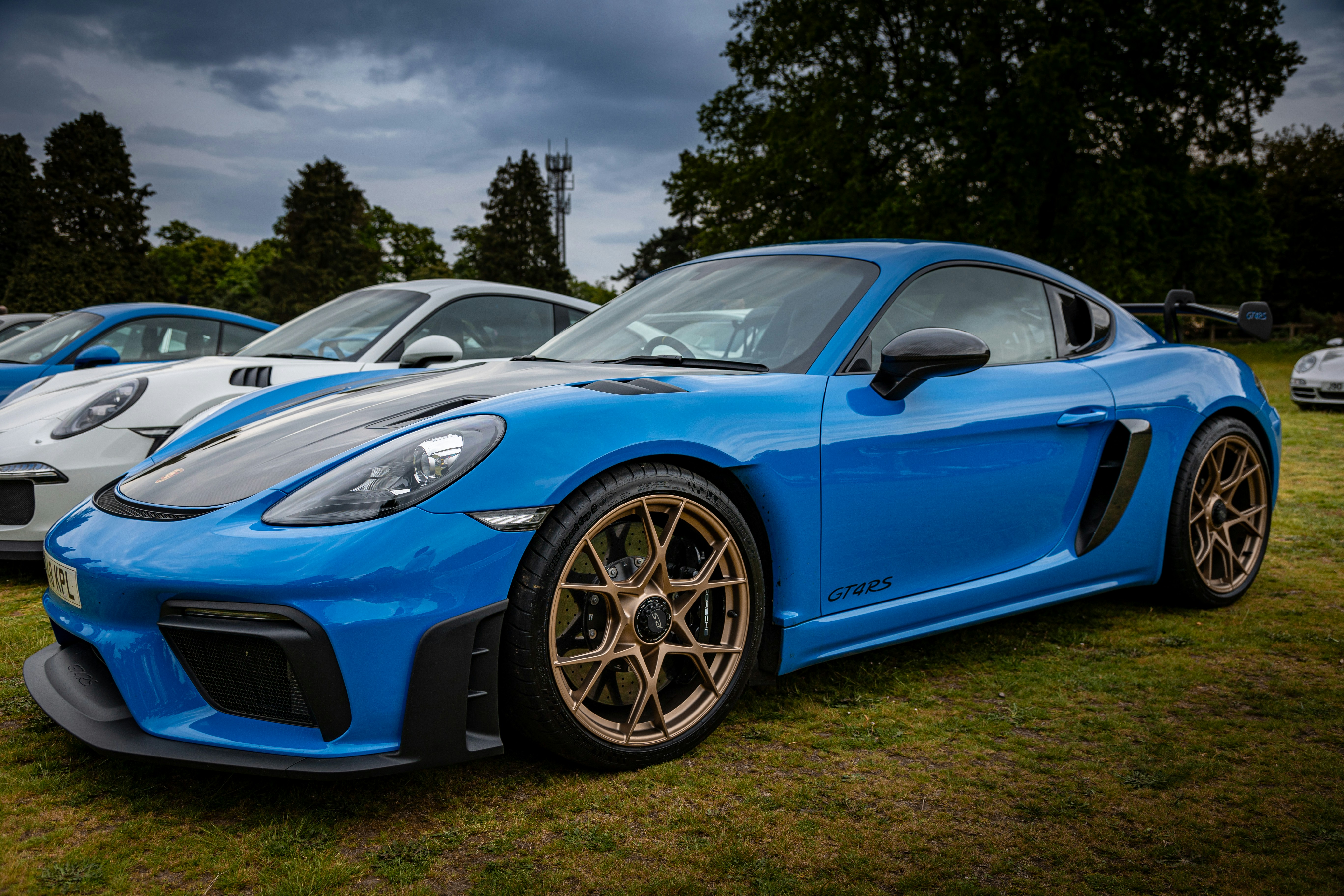 A blue sports car parked on top of a lush green field photo – Free ...