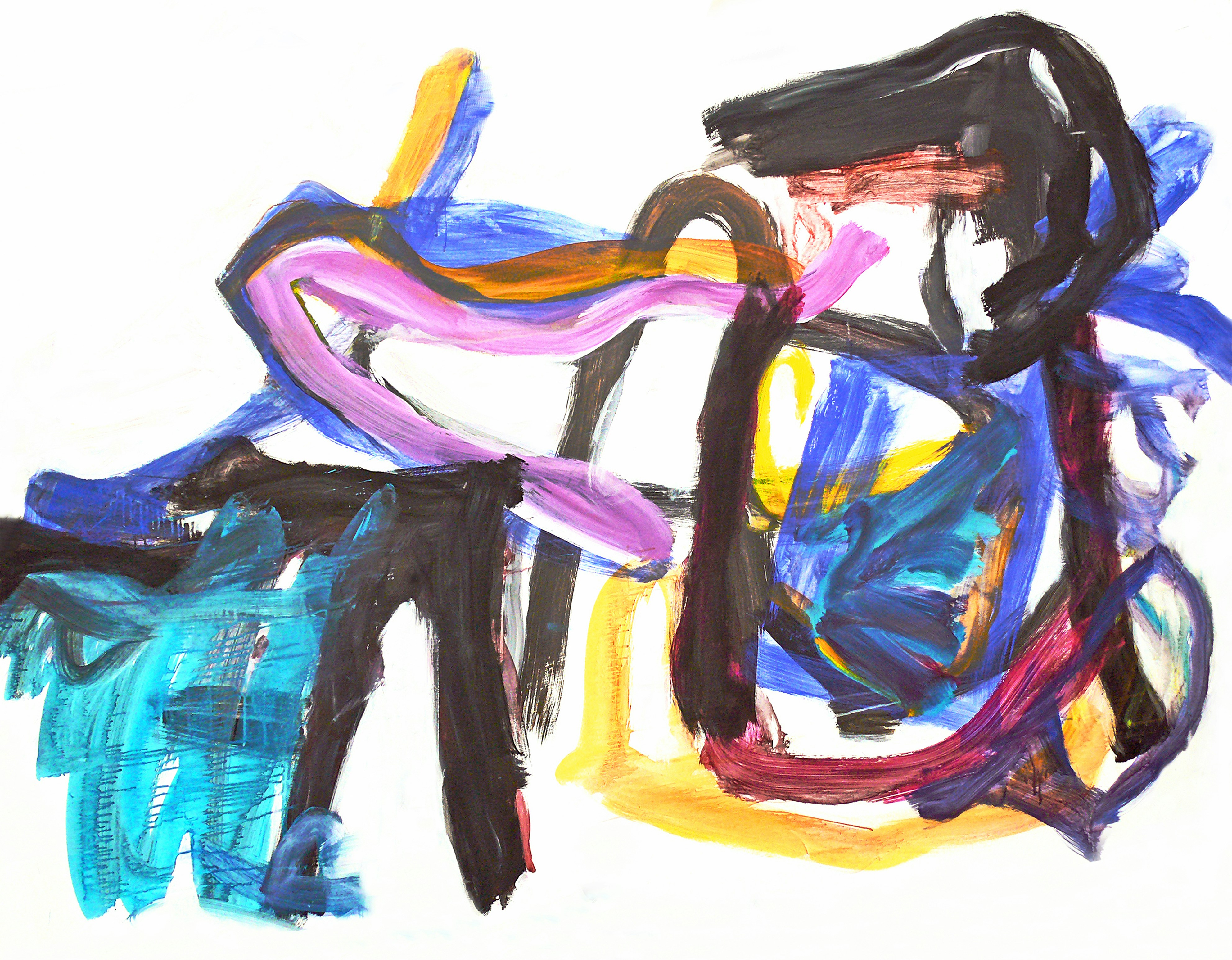 Abstract painting featuring bold, overlapping strokes of blue, pink, yellow, and black on a white background. A dynamic tangle of color and line suggests motion and texture across the canvas.