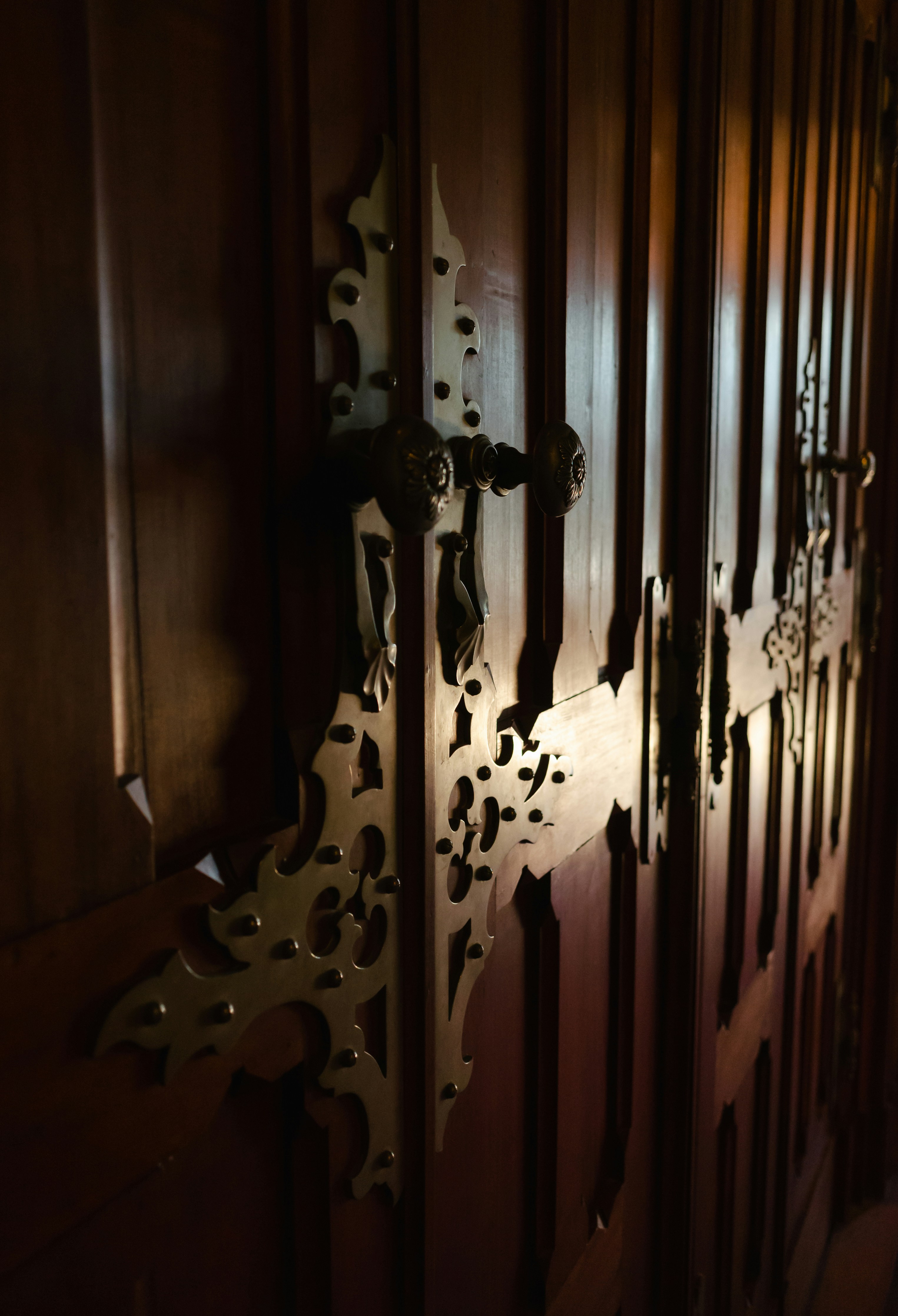 Dark wooden panels with intricate metal hinges catch a warm beam of light, revealing aged craftsmanship.