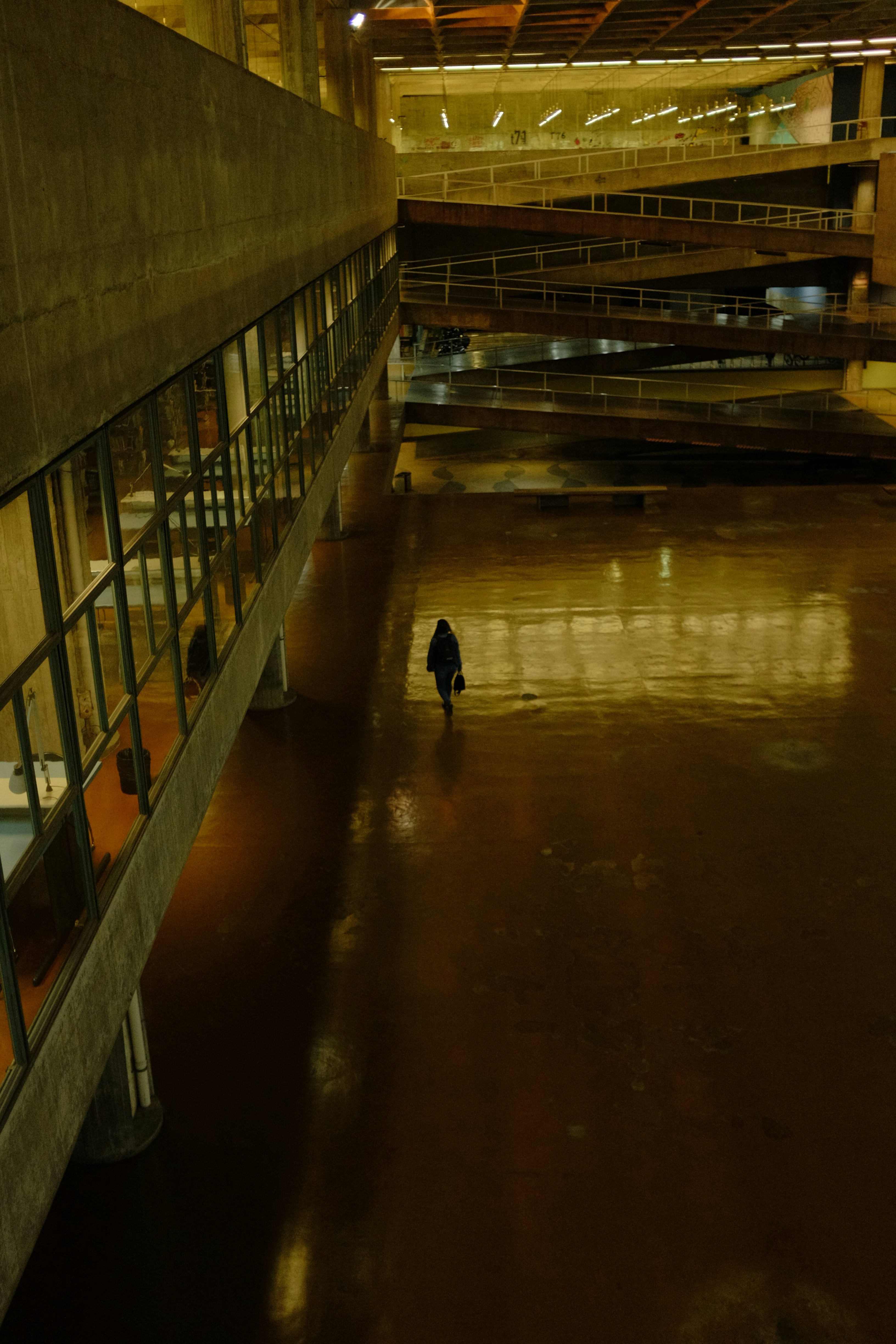 Solo Walker in the Amber Atrium: An Industrial Landscape of Echoes