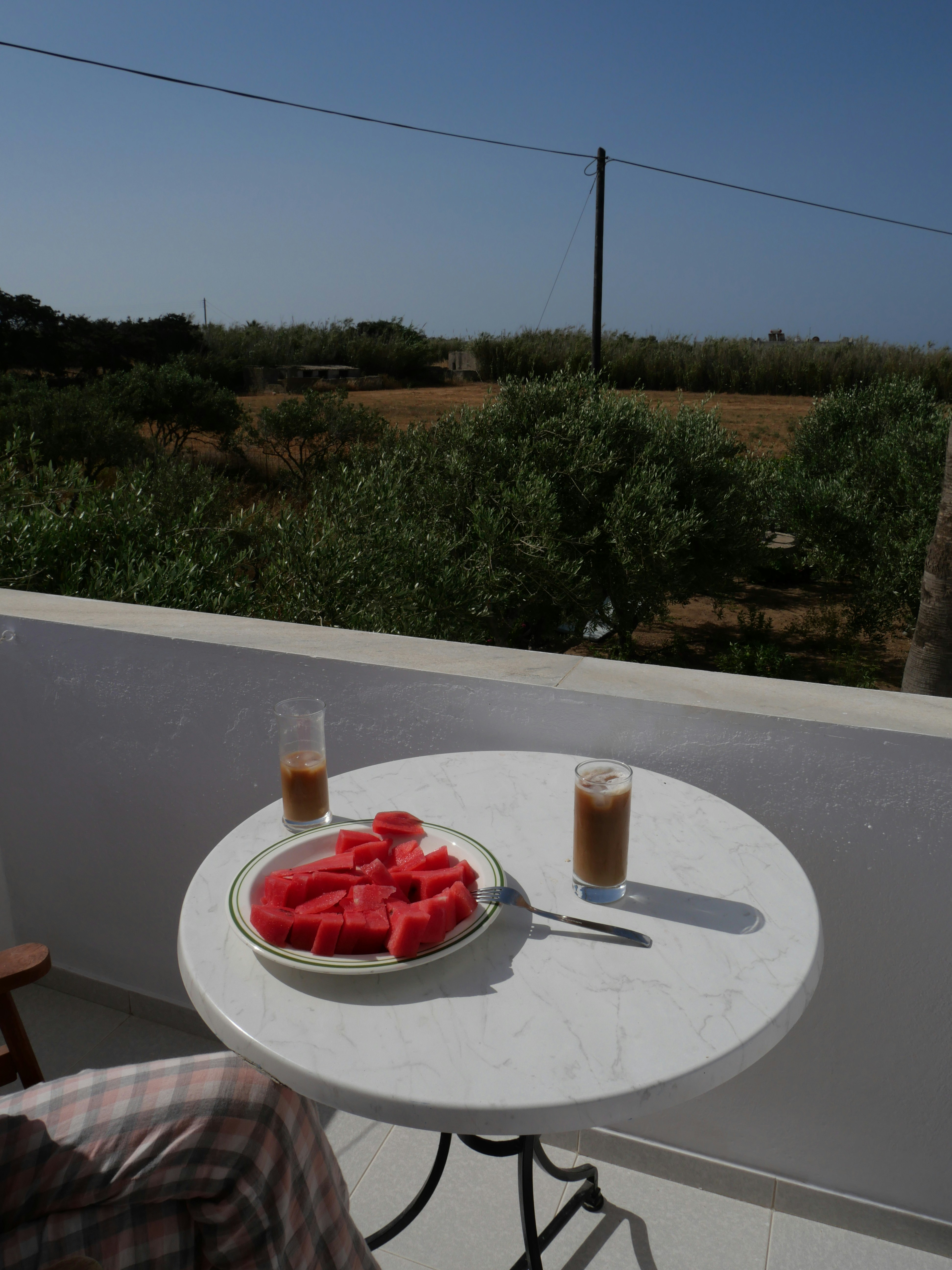 Sunlit balcony table features a plate of watermelon slices and two beverages. The scene overlooks a hedge and open field beyond, framed by a white railing.