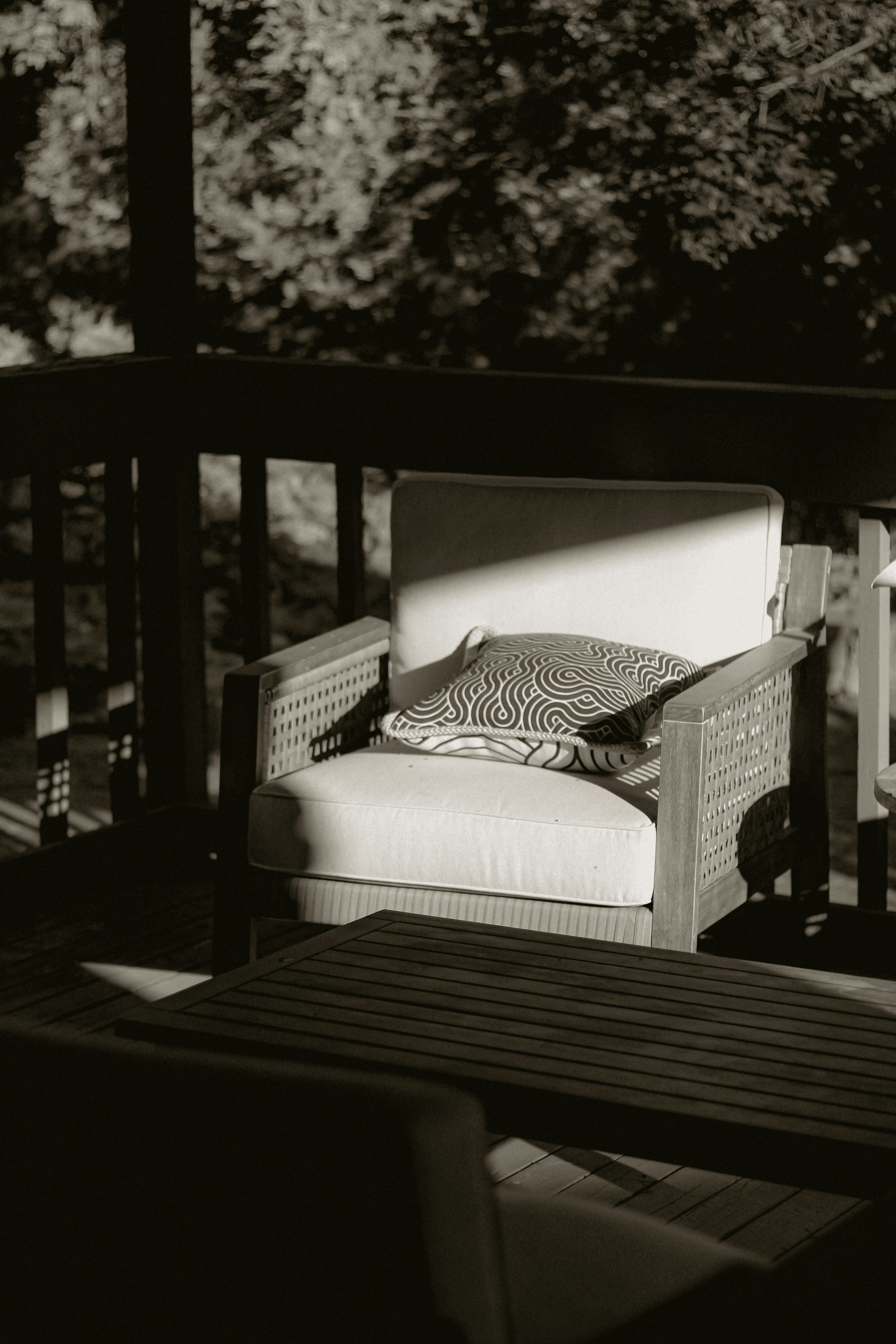 Dappled Light on a Secluded Deck Chair