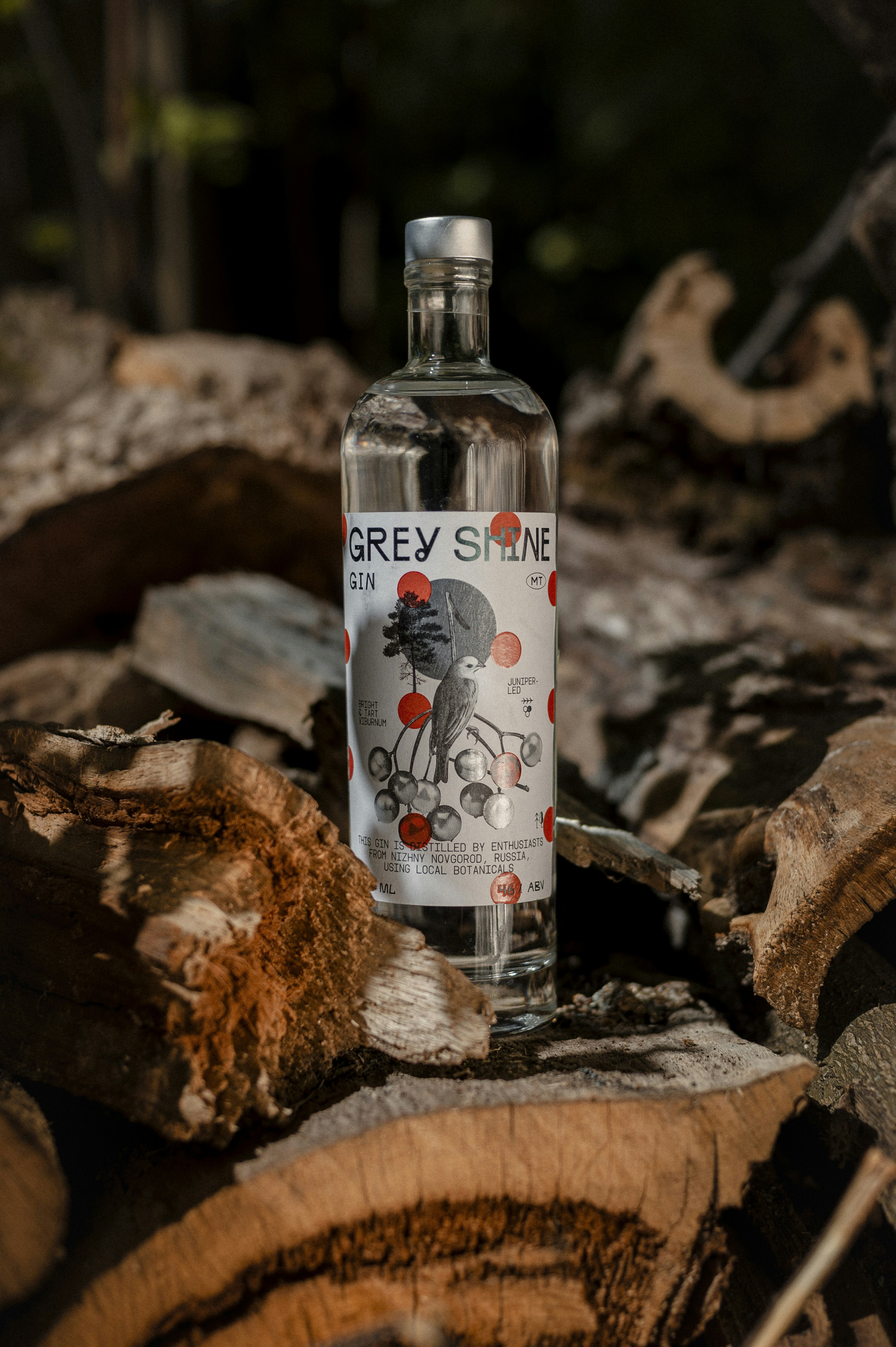 A bottle of gin stands on sawn tree trunks against the backdrop of nature