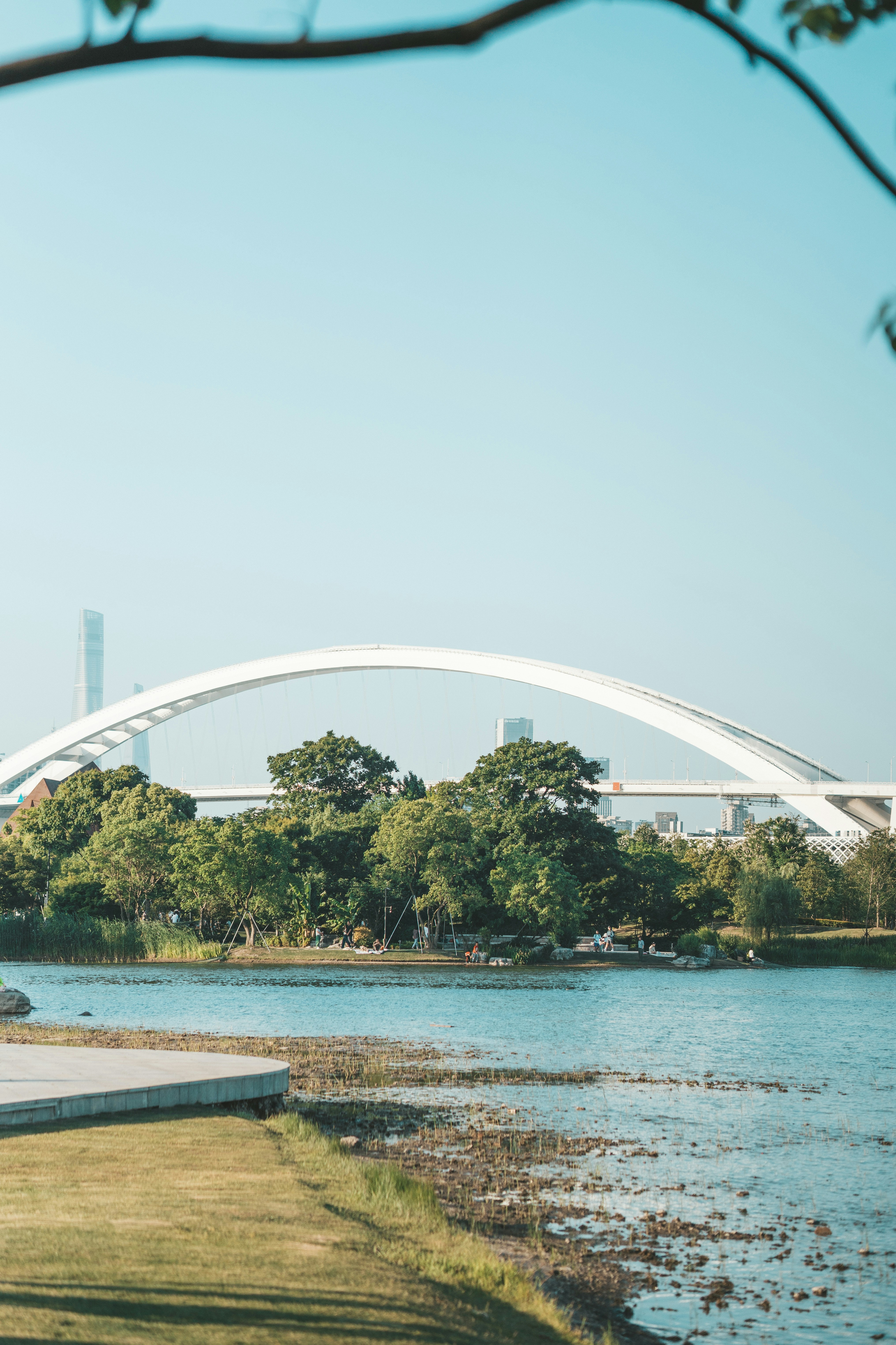 White Arc Bridge Framing a Serene Riverside Park