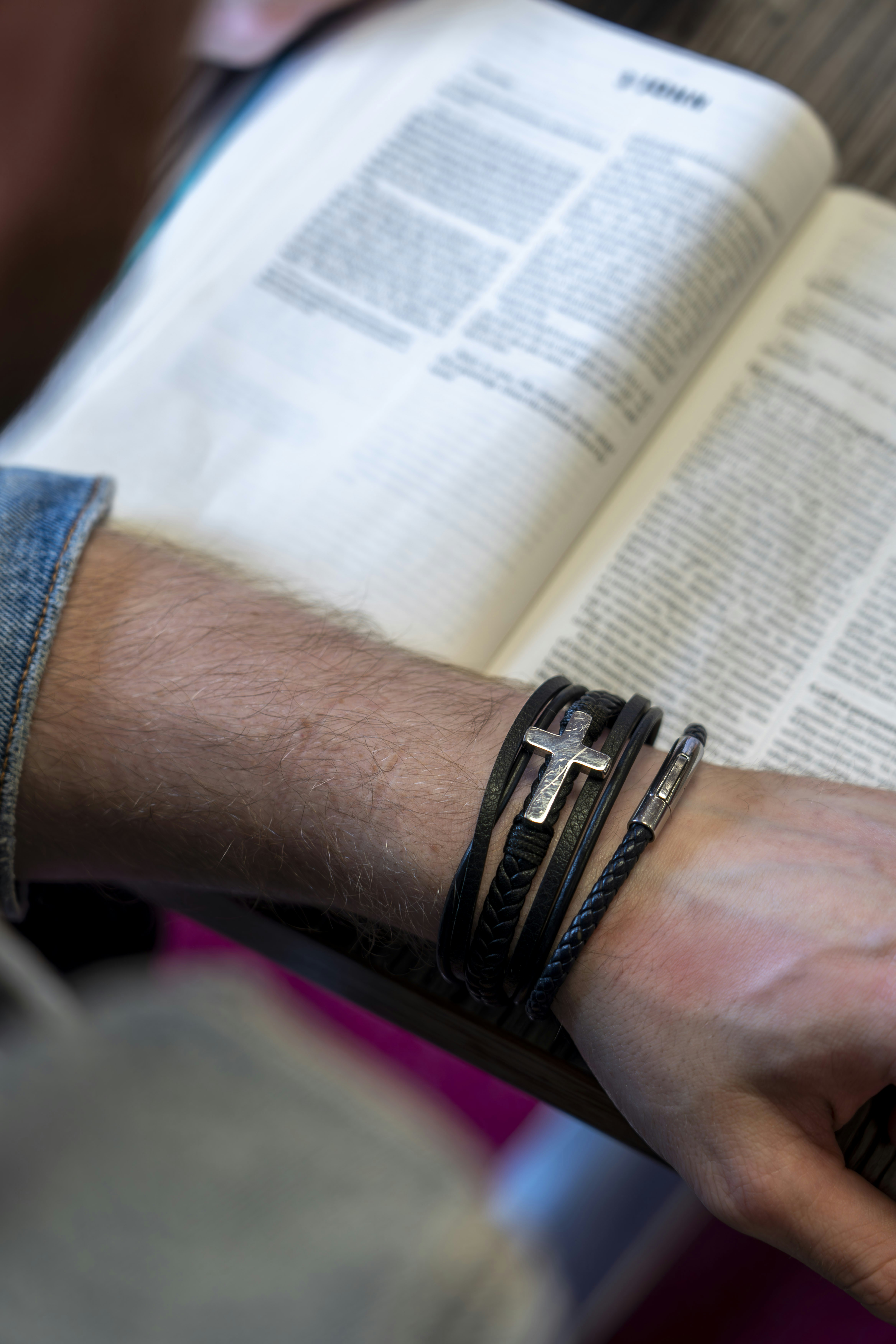 Bracelets with Crosses Resting Over a Read Bible