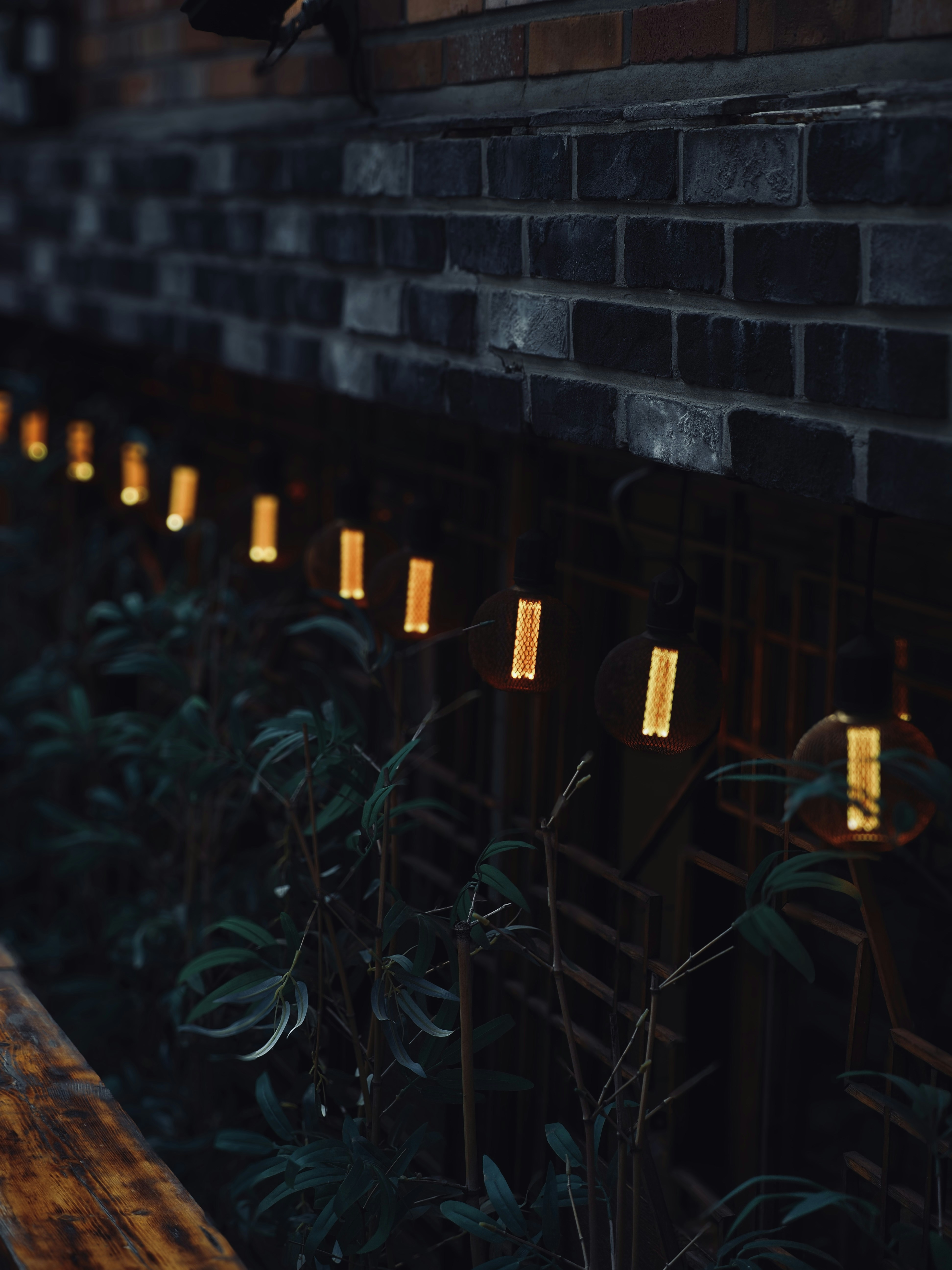 Row of warm yellow lanterns lines a brick wall at dusk, glowing above the quiet foreground. This moody photograph emphasizes light and shadow through the brick texture and plant silhouettes.