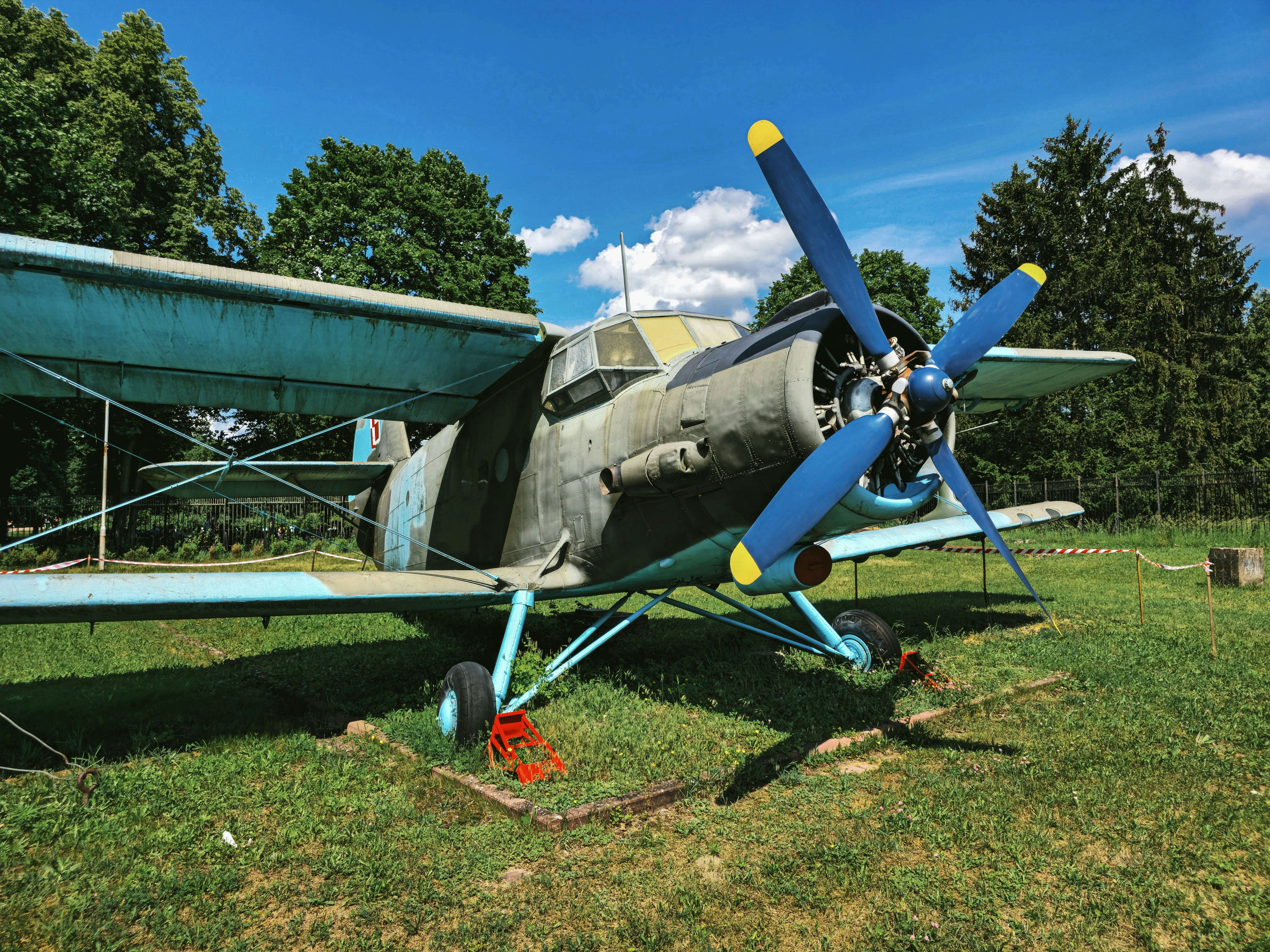 Vintage military trainer airplane rests on a sunlit grassy field beneath a bright blue sky. The weathered fuselage and blue propeller blades command attention as trees frame the scene.