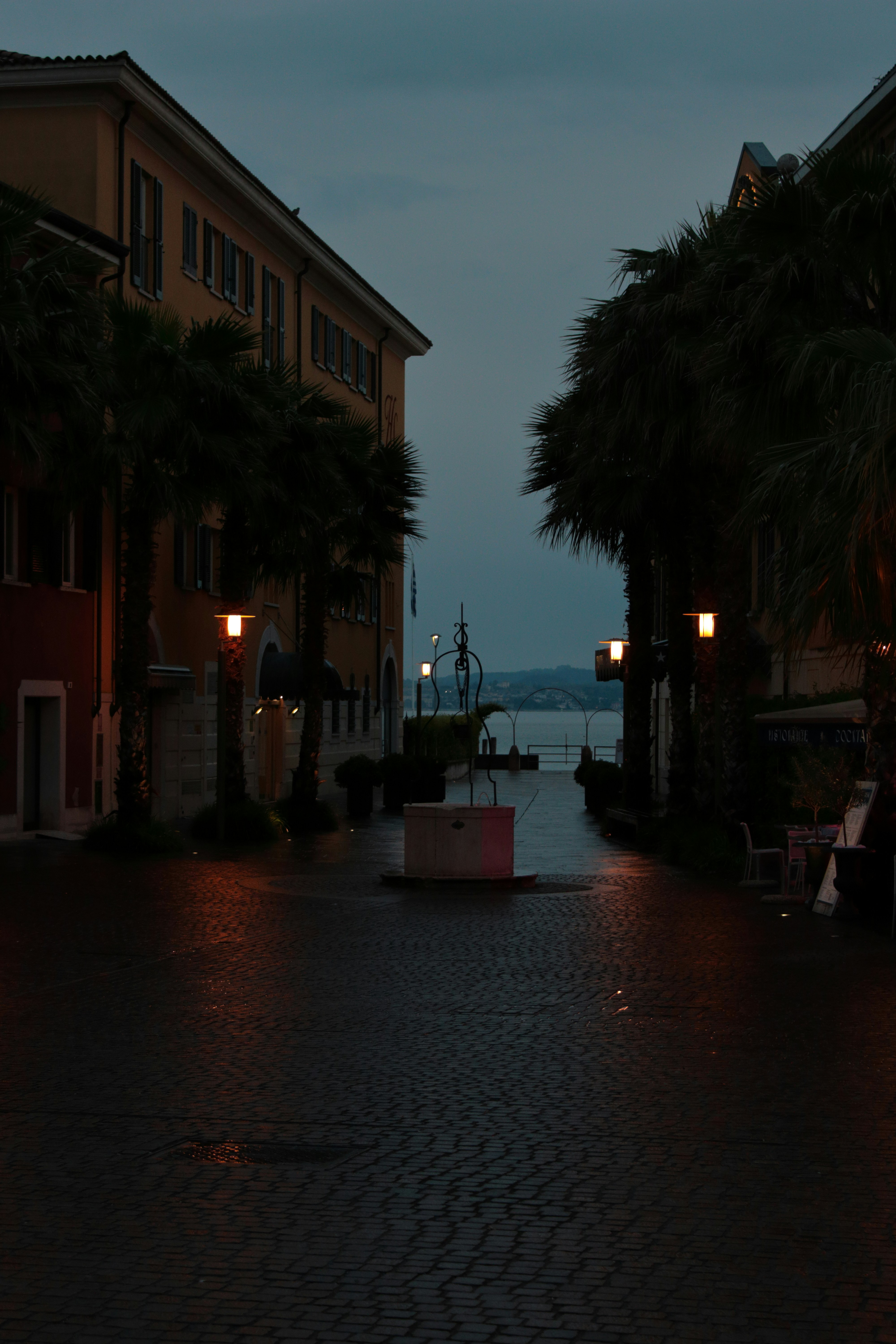 Dusk Promenade Toward the Quiet Marina