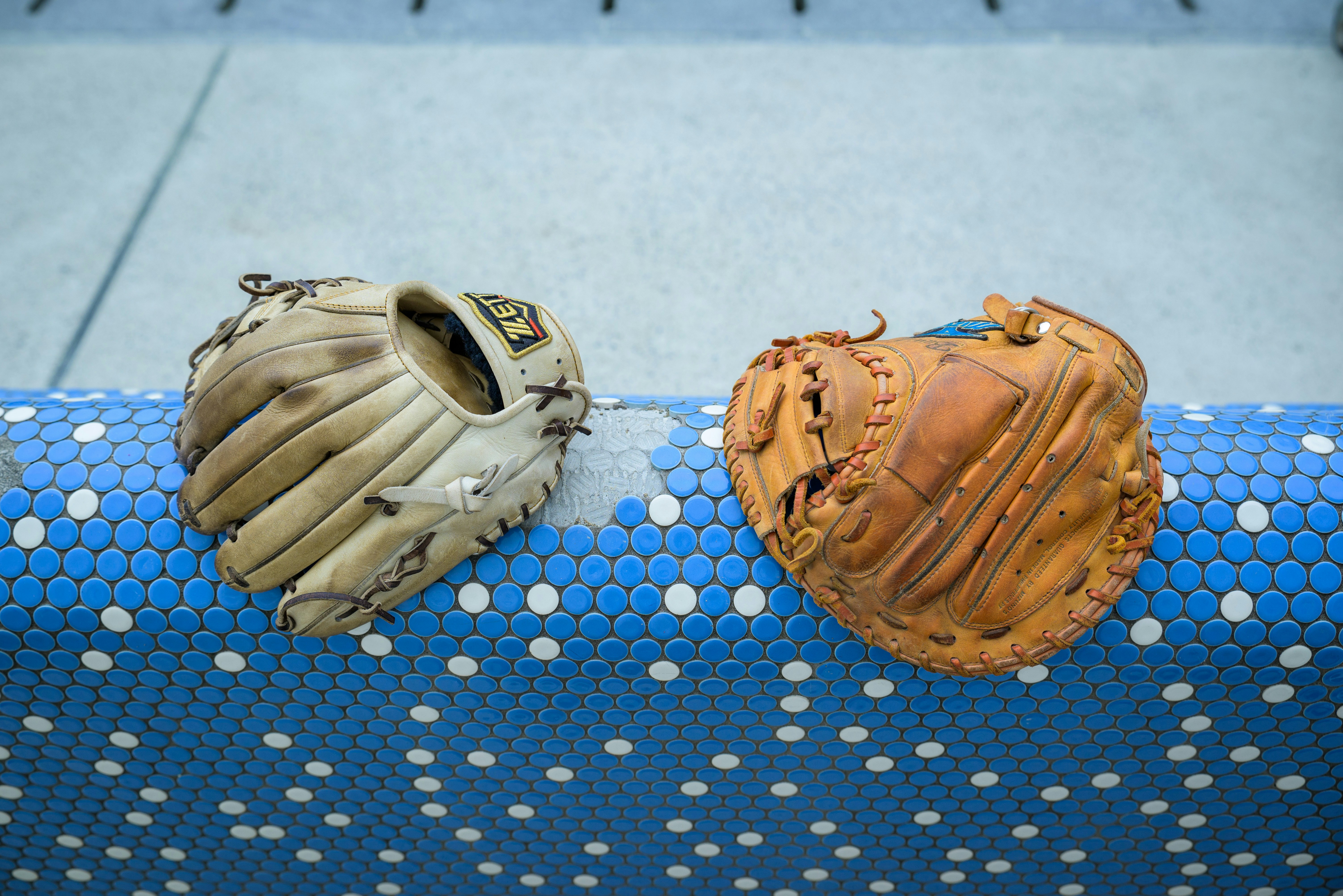 A pair of baseball gloves sitting on top of a bench photo – Free Japan ...