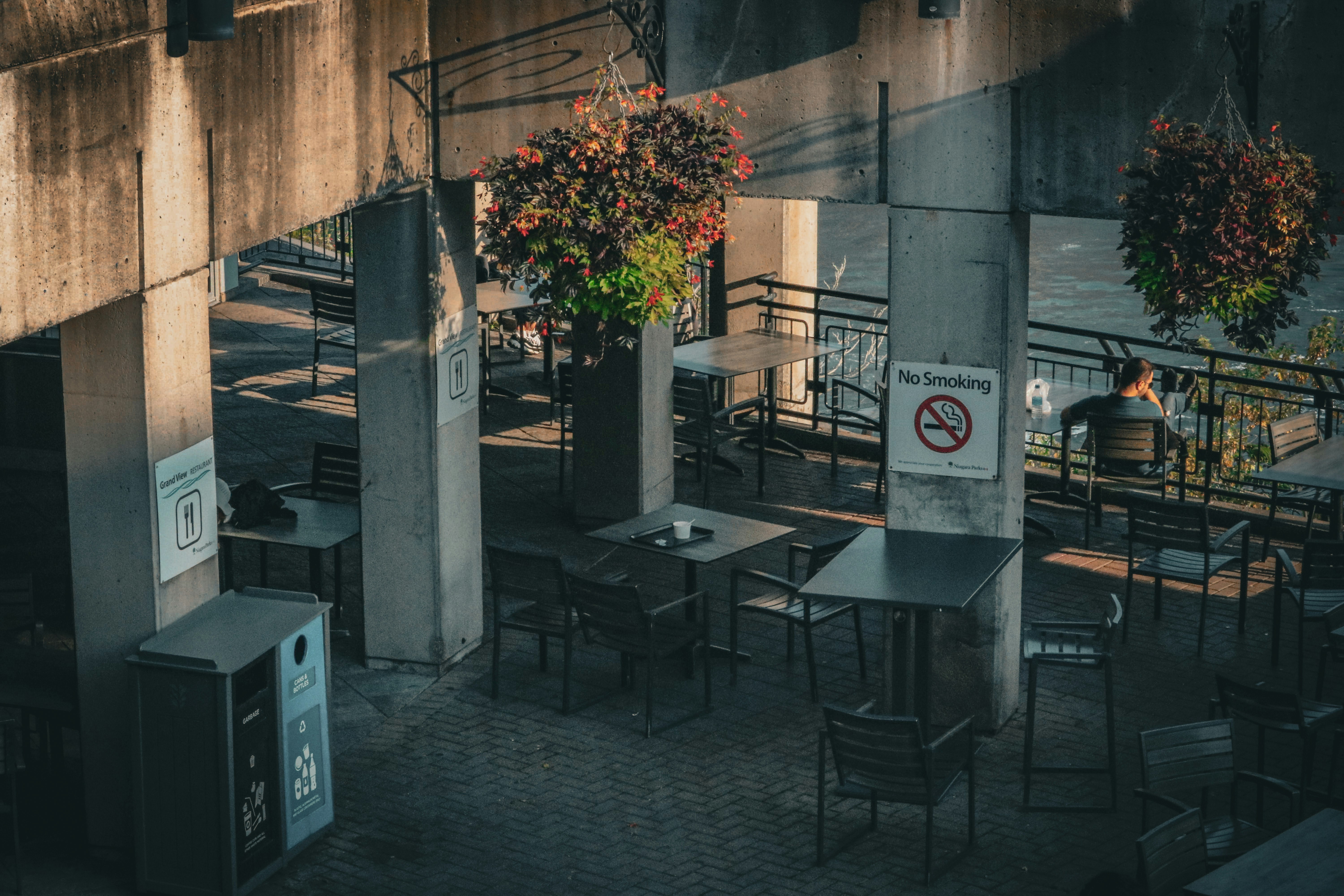 A patio with tables and chairs and a no smoking sign photo – Free City ...