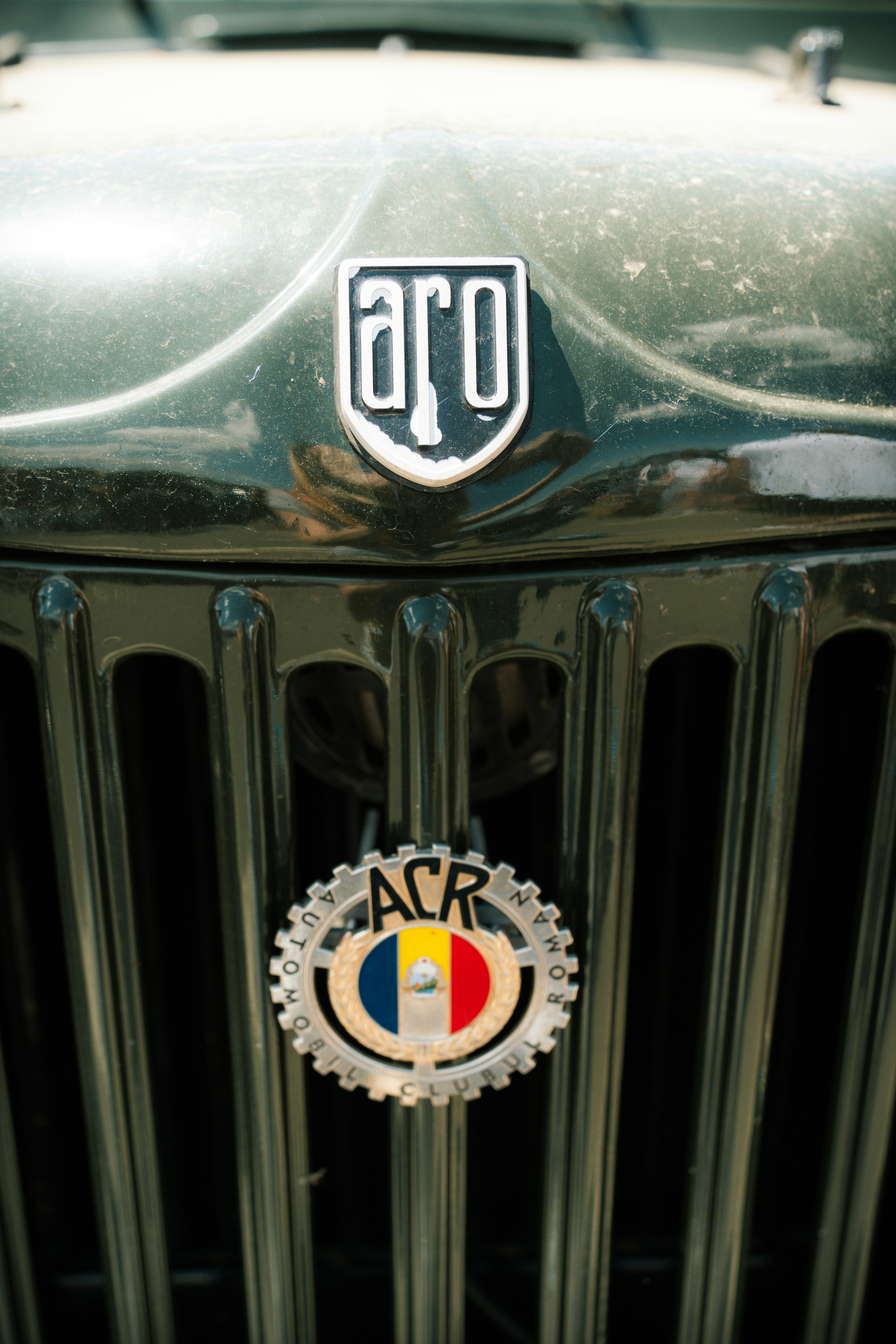 Aro Emblem Rising Through Chrome: Close-Up of a Vintage Car Grille