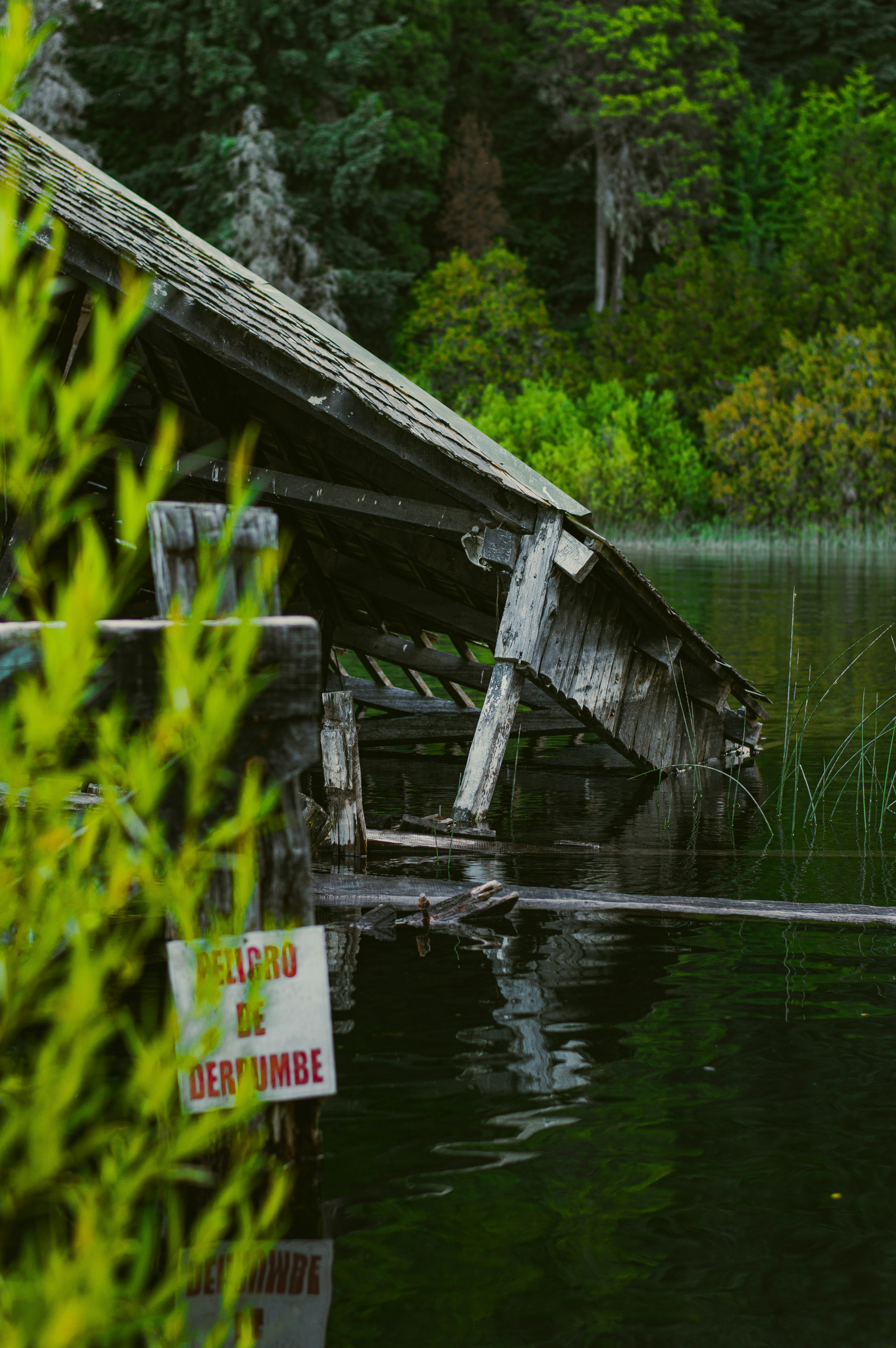 Leaning Boathouse Framed by a Quiet Lake’s Green Mirror