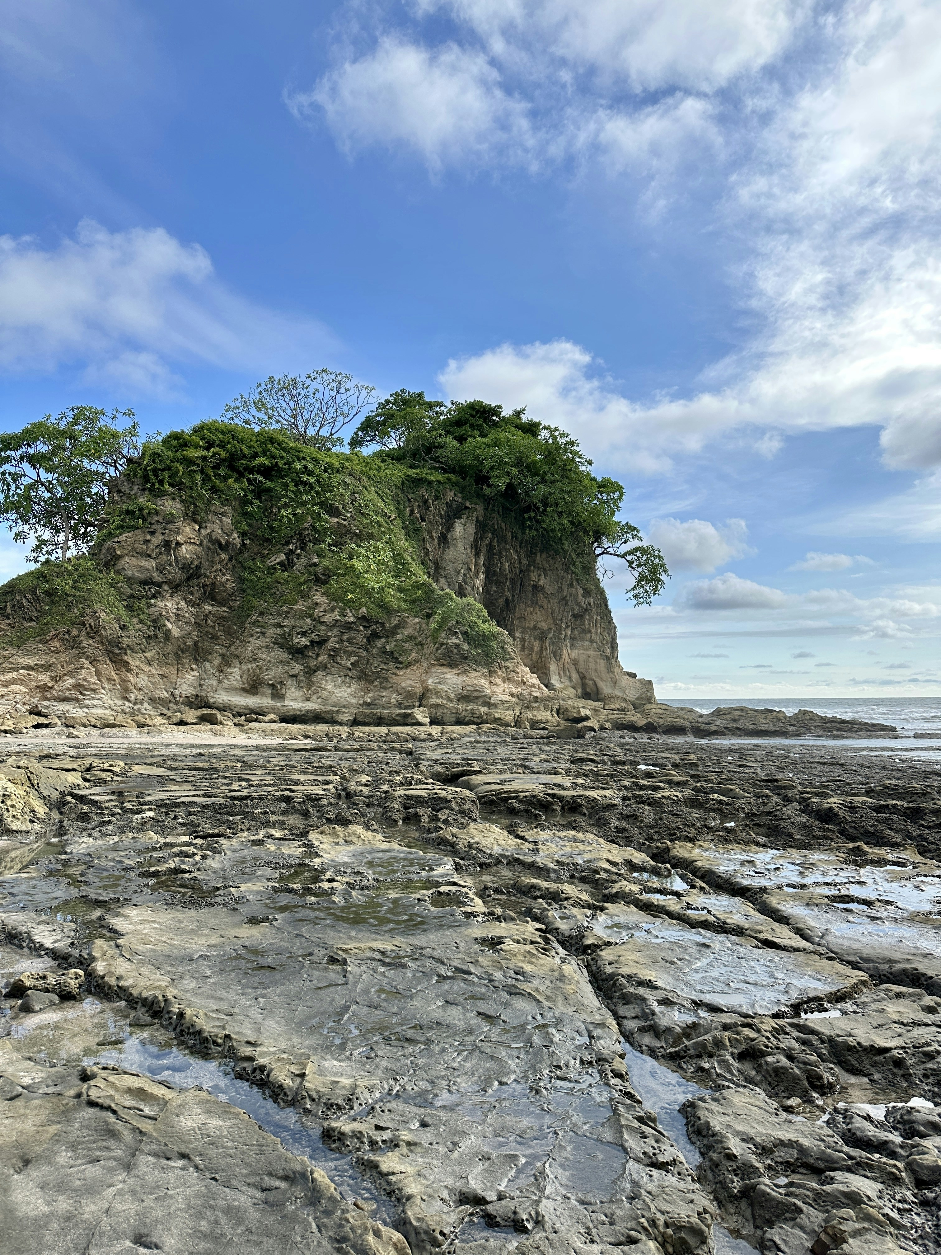 a rocky beach with a small island in the background