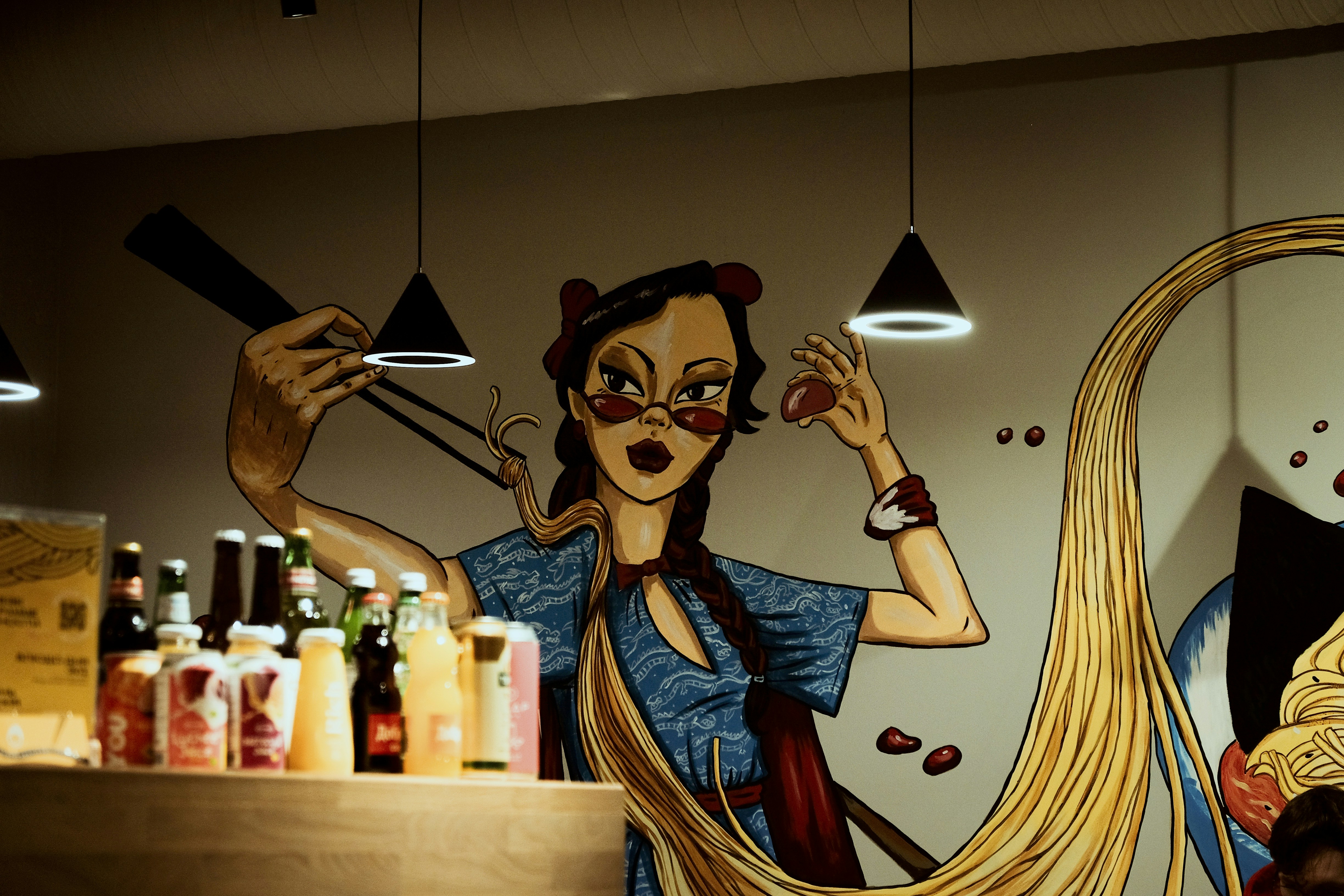 Barroom Portrait: Chic Diva in a Blue Mural