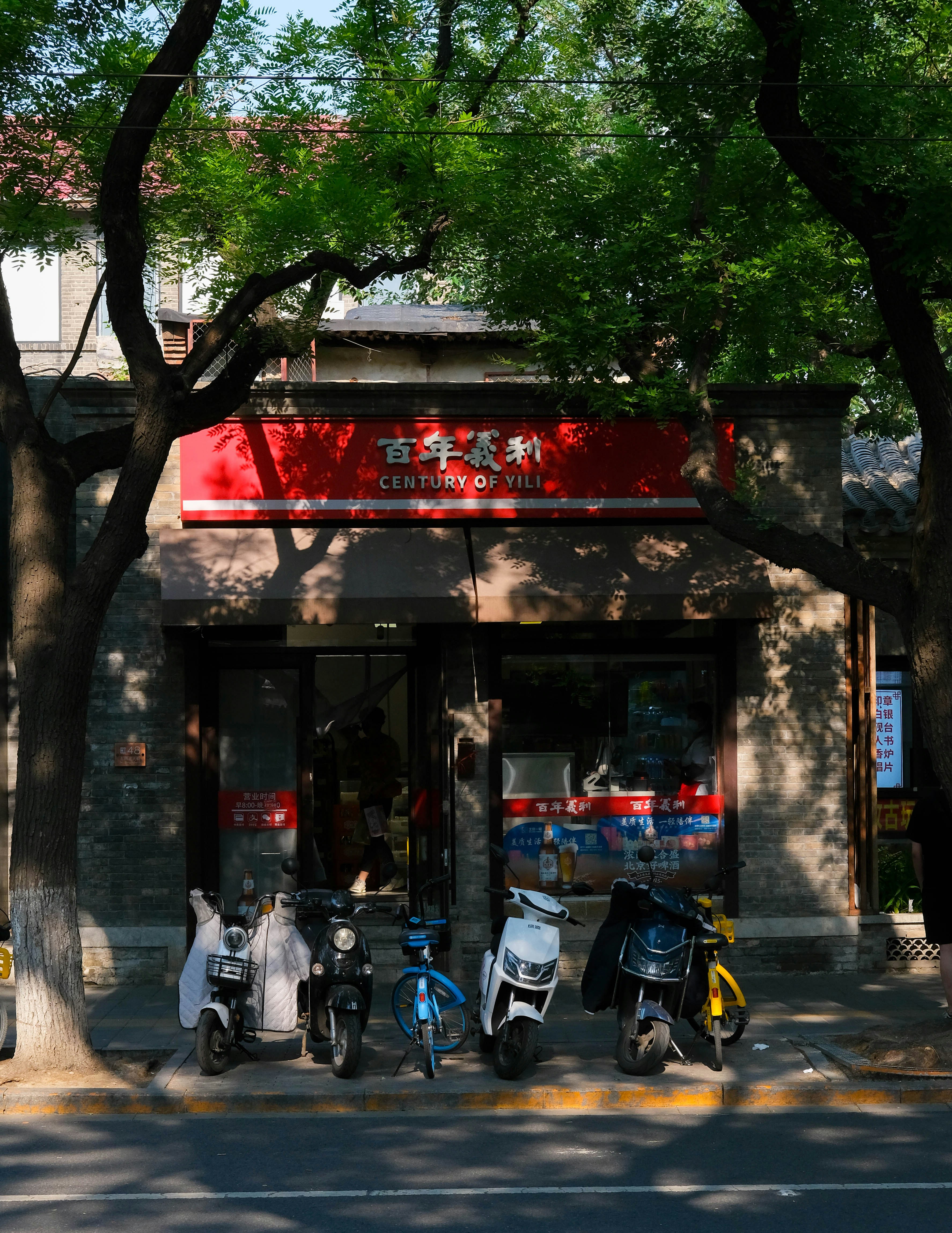 Red storefront glow through leafy frames