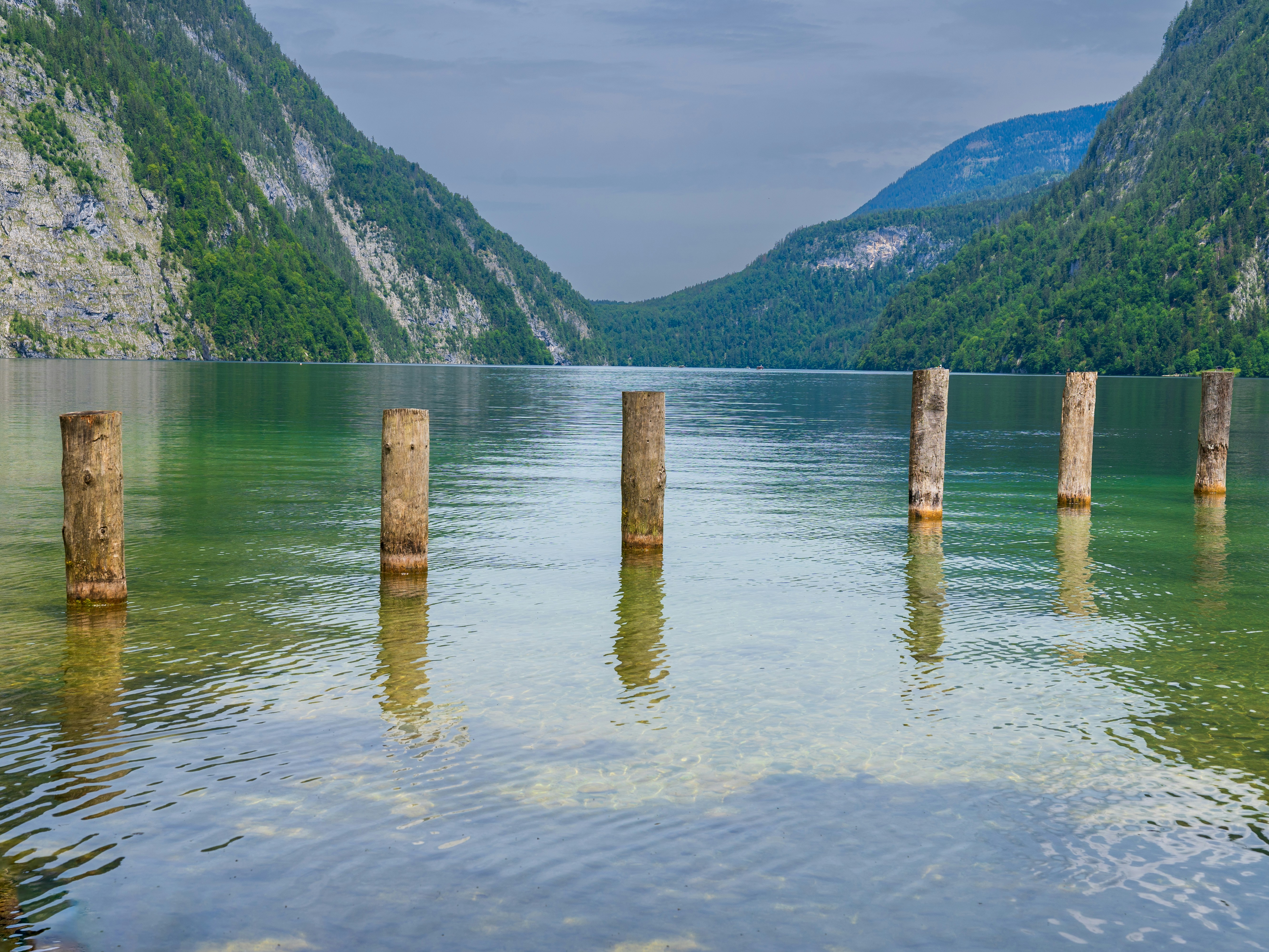 Timber Posts and Mirror Lake under Alpine Cliffs