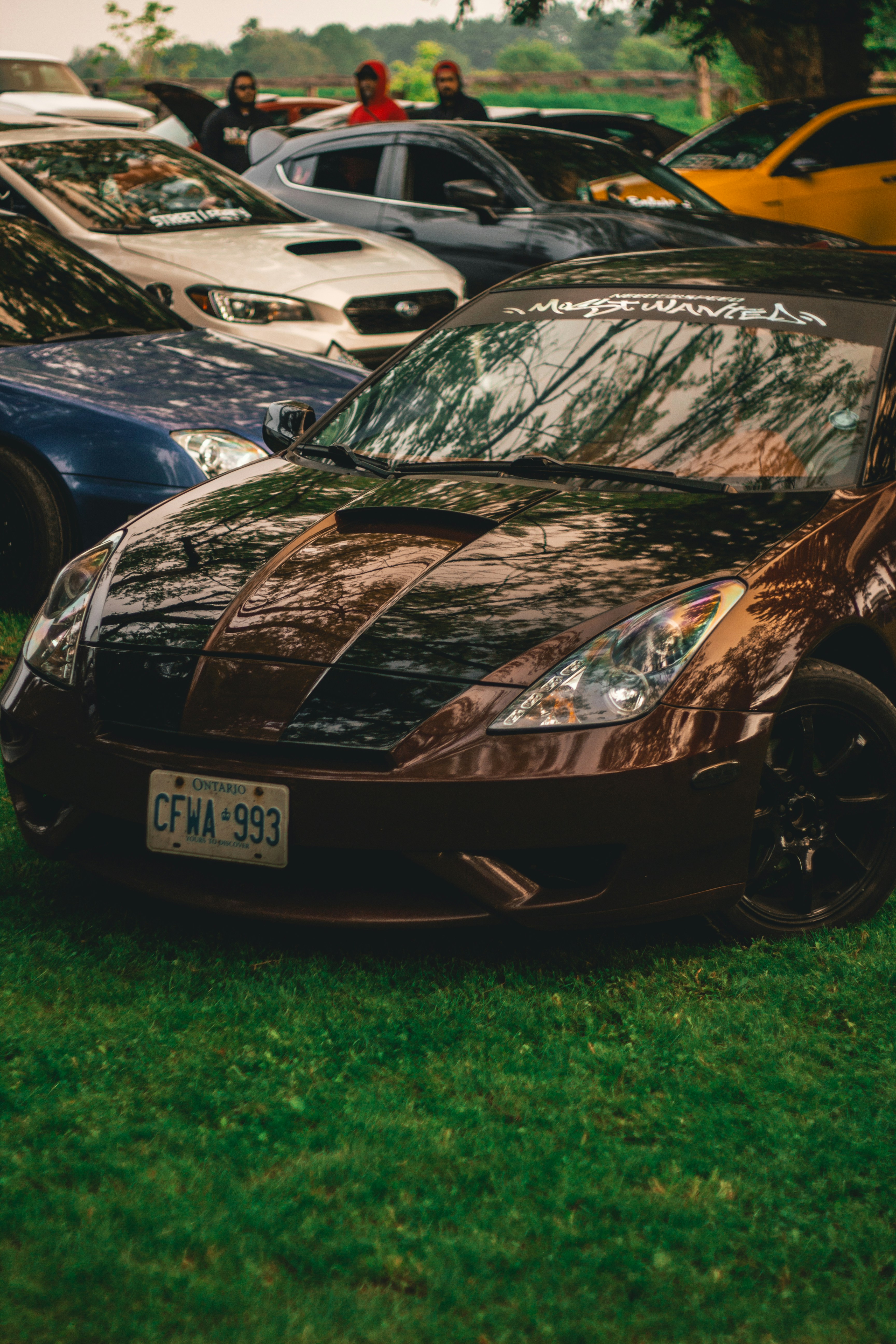 Anchored in Chrome: A brown sports coupe leading a crowded car meet, shadowed by tree reflections