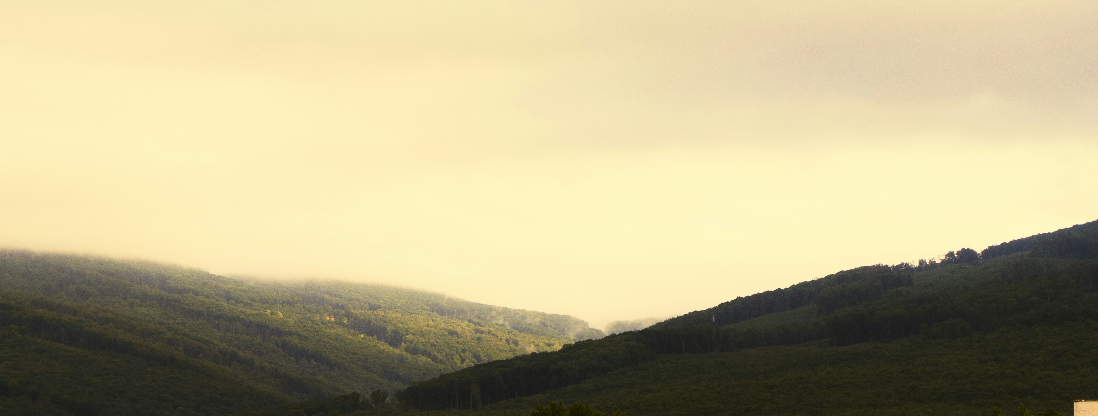 Soft morning light drapes over lush green hills under a hazy sky.