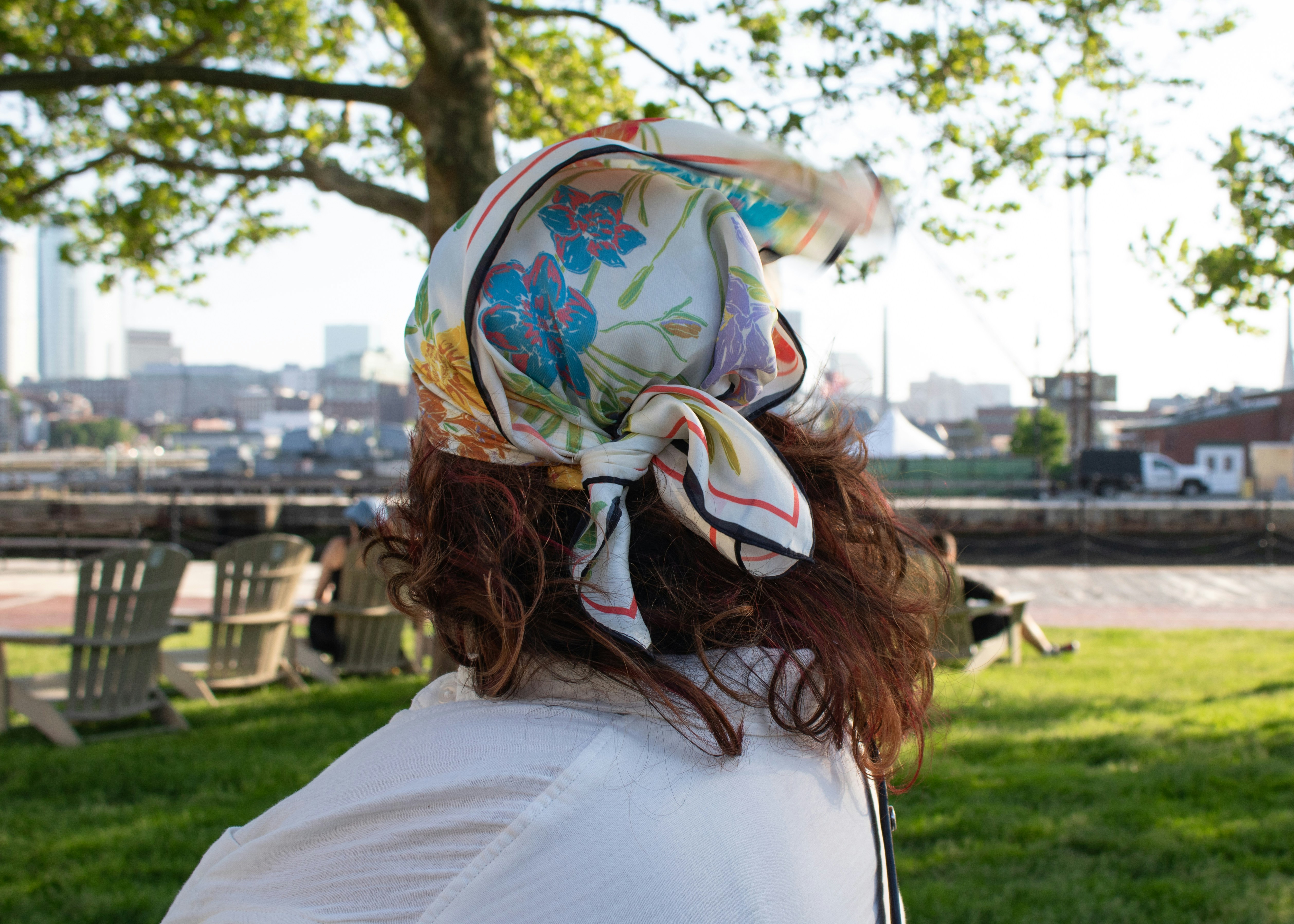 Floral Silk Bandana in a Sunlit Park: A Back-Facing Portrait with Cityscape
