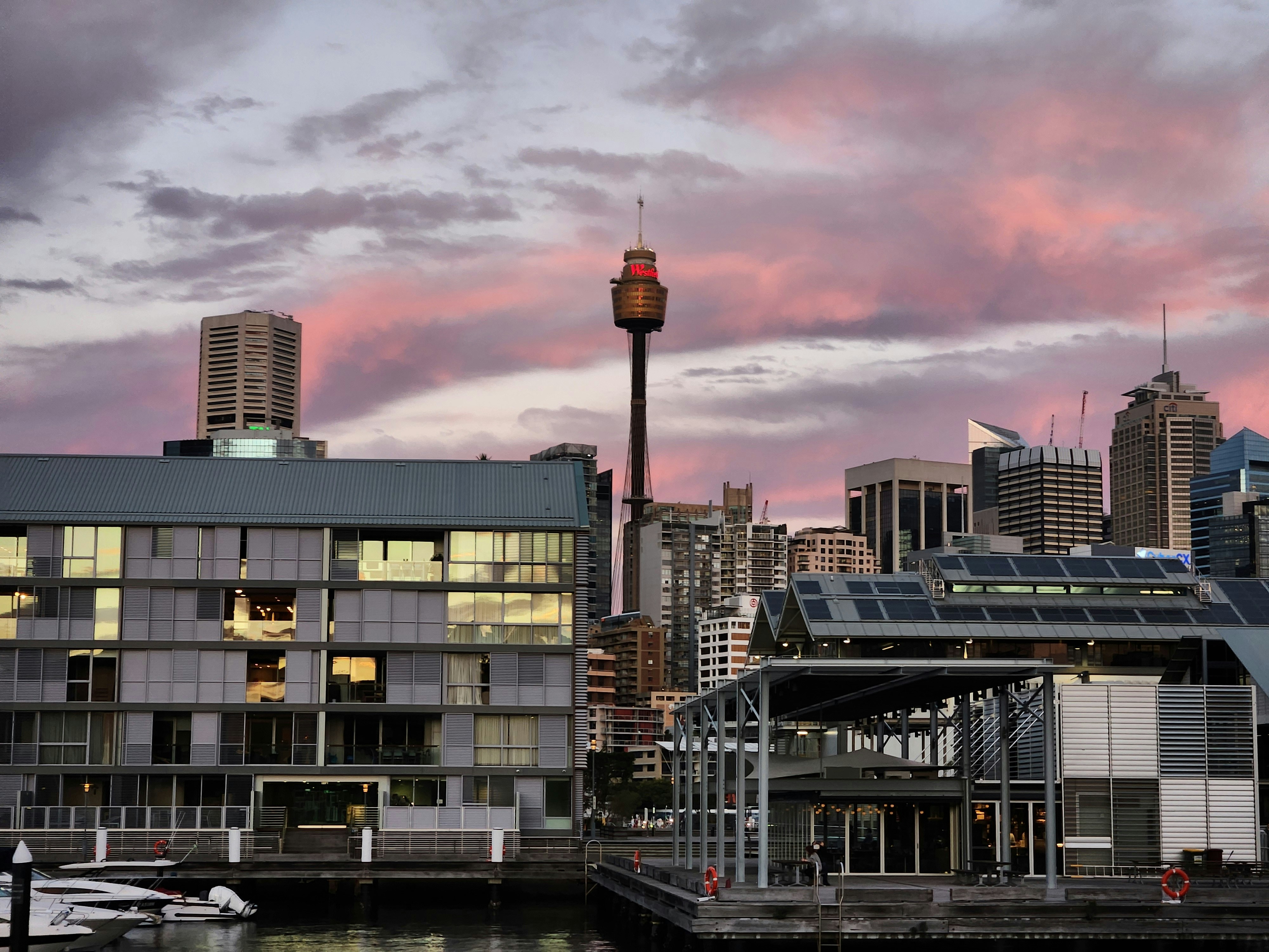 Dusk over the Harbour: SkyTower Anchors a Glass-Fronted Waterfront
