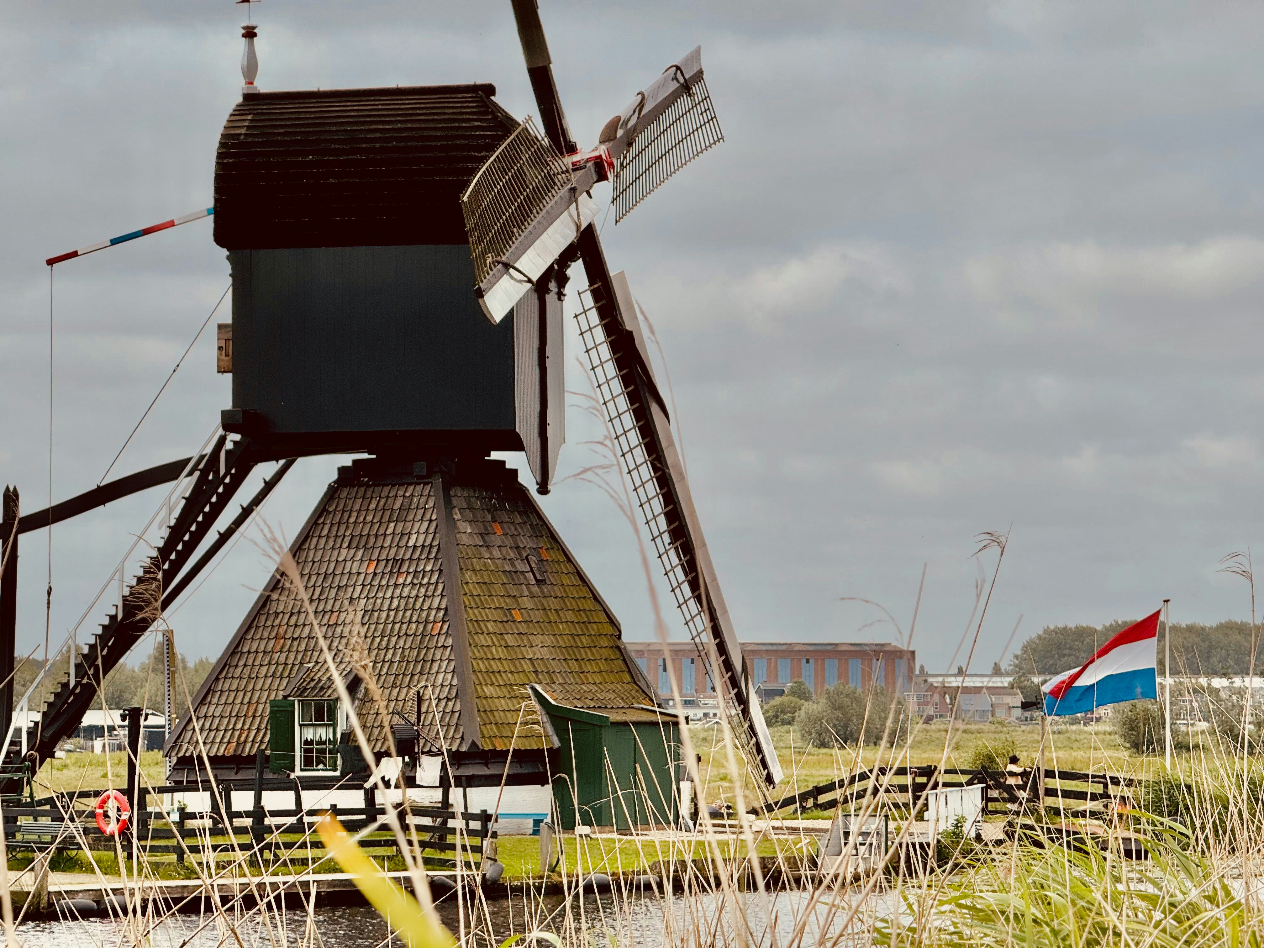 A windmill sitting on top of a grass covered field photo – Free Human ...