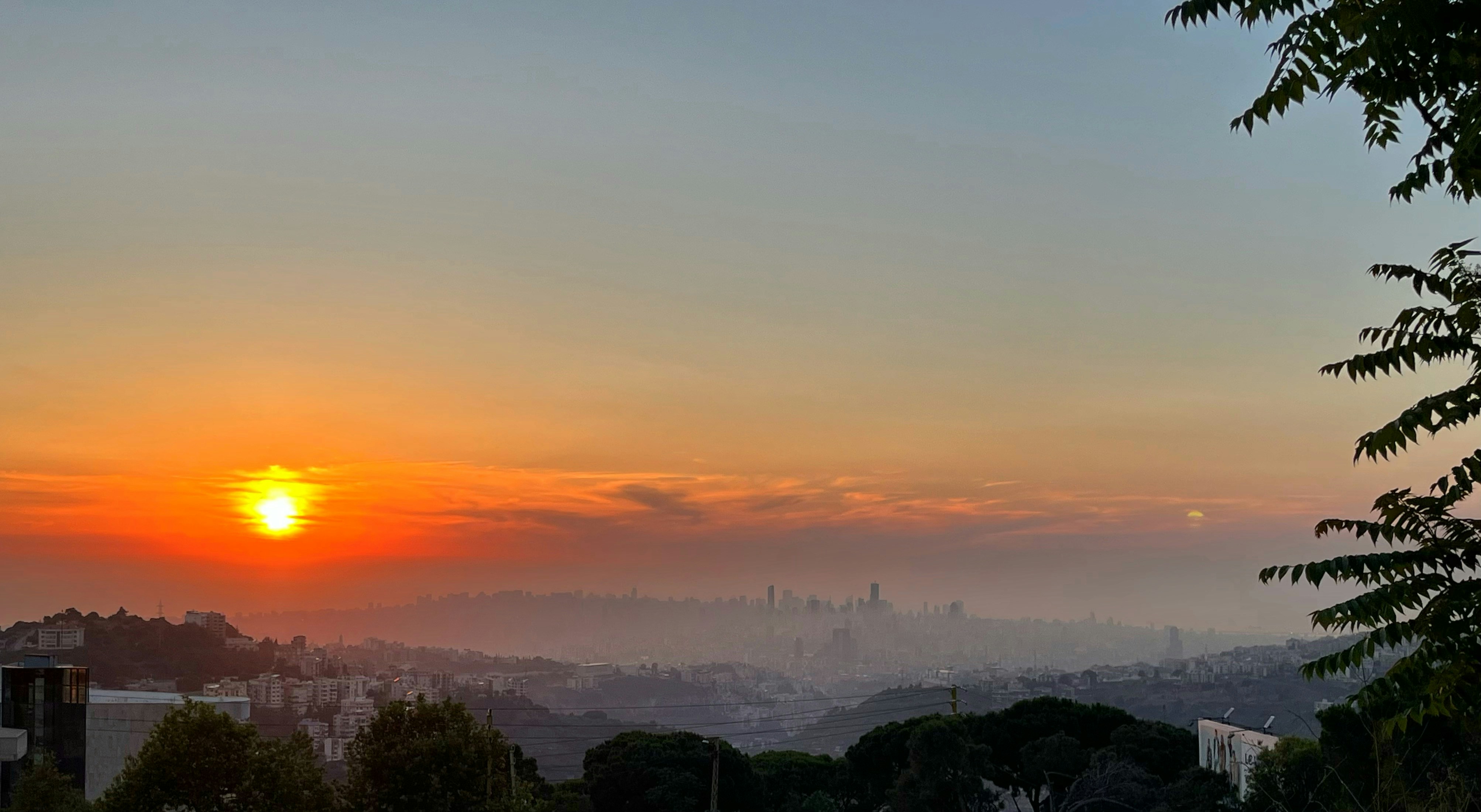 The sun is setting over a city skyline photo – Free Sunset Image on ...