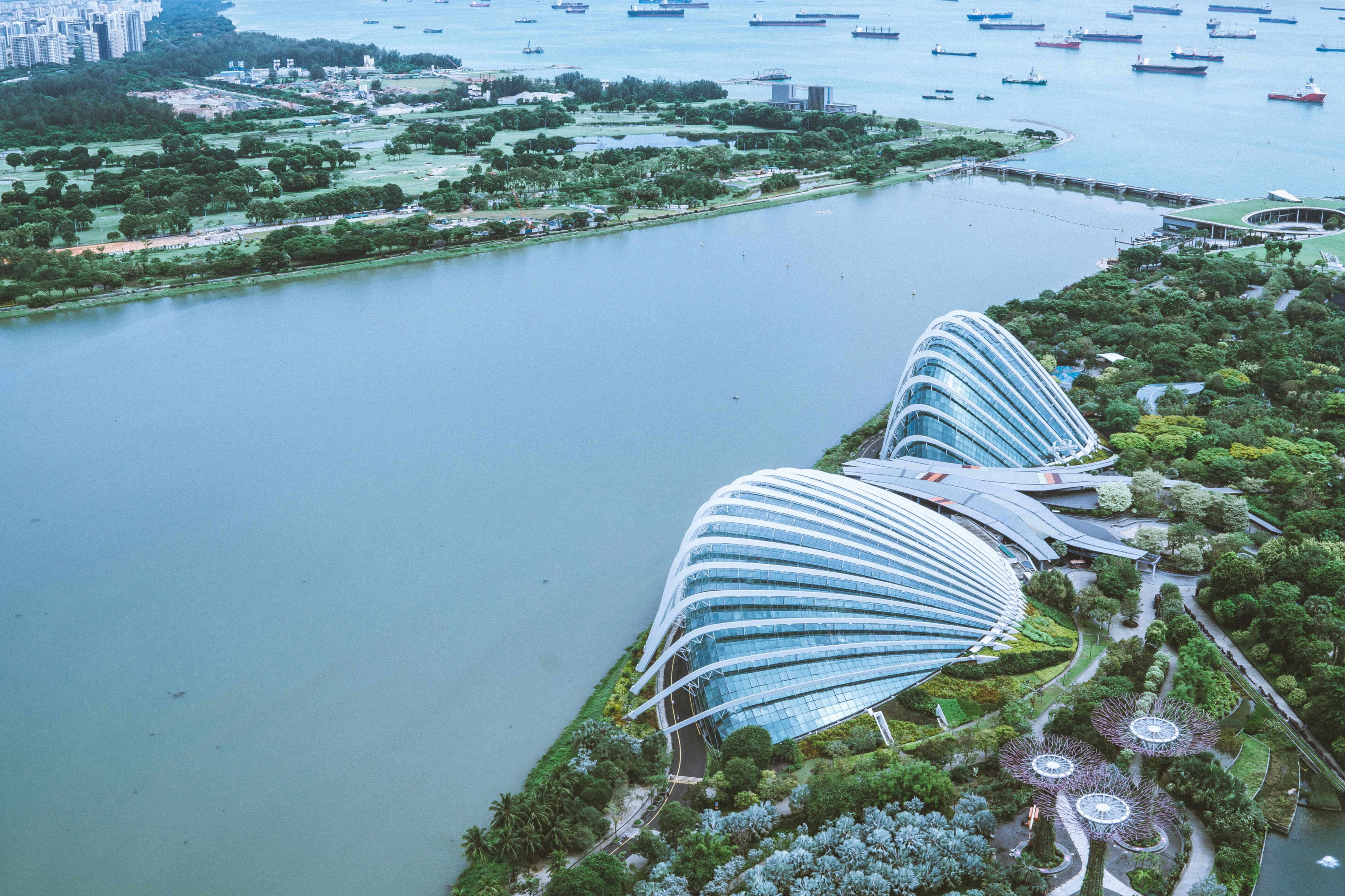 This stunning aerial image captures the iconic glass-domed structures nestled amidst lush greenery by the serene bay. The composition highlights the contrast between the modern architectural marvels and the tranquil blue waters, with numerous ships dotting the horizon. The soft lighting and muted colors create a calm and futuristic atmosphere, making the image visually striking.