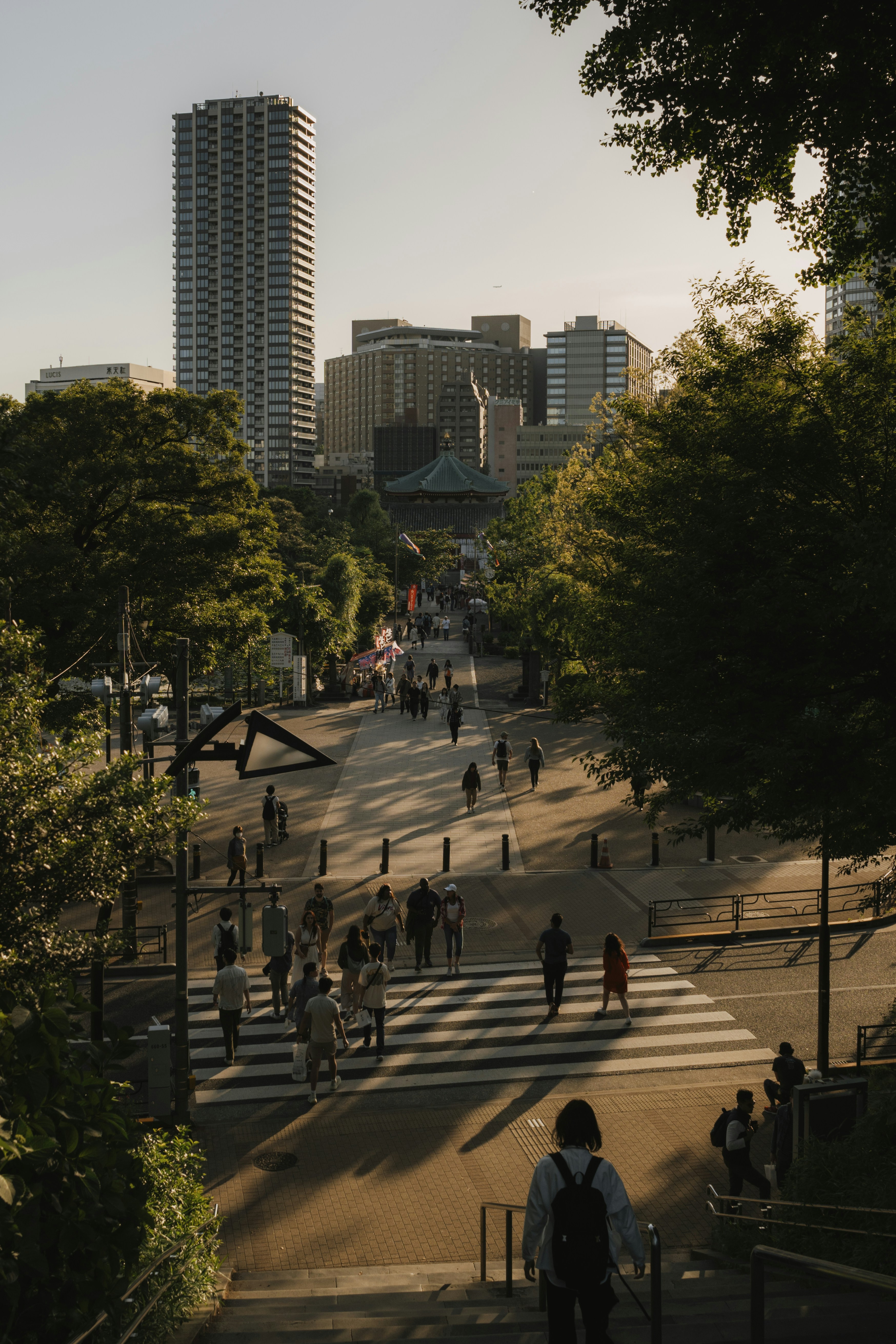 Crosswalk Ribbon: Sunlit Pedestrian Boulevard Beneath the City Towers