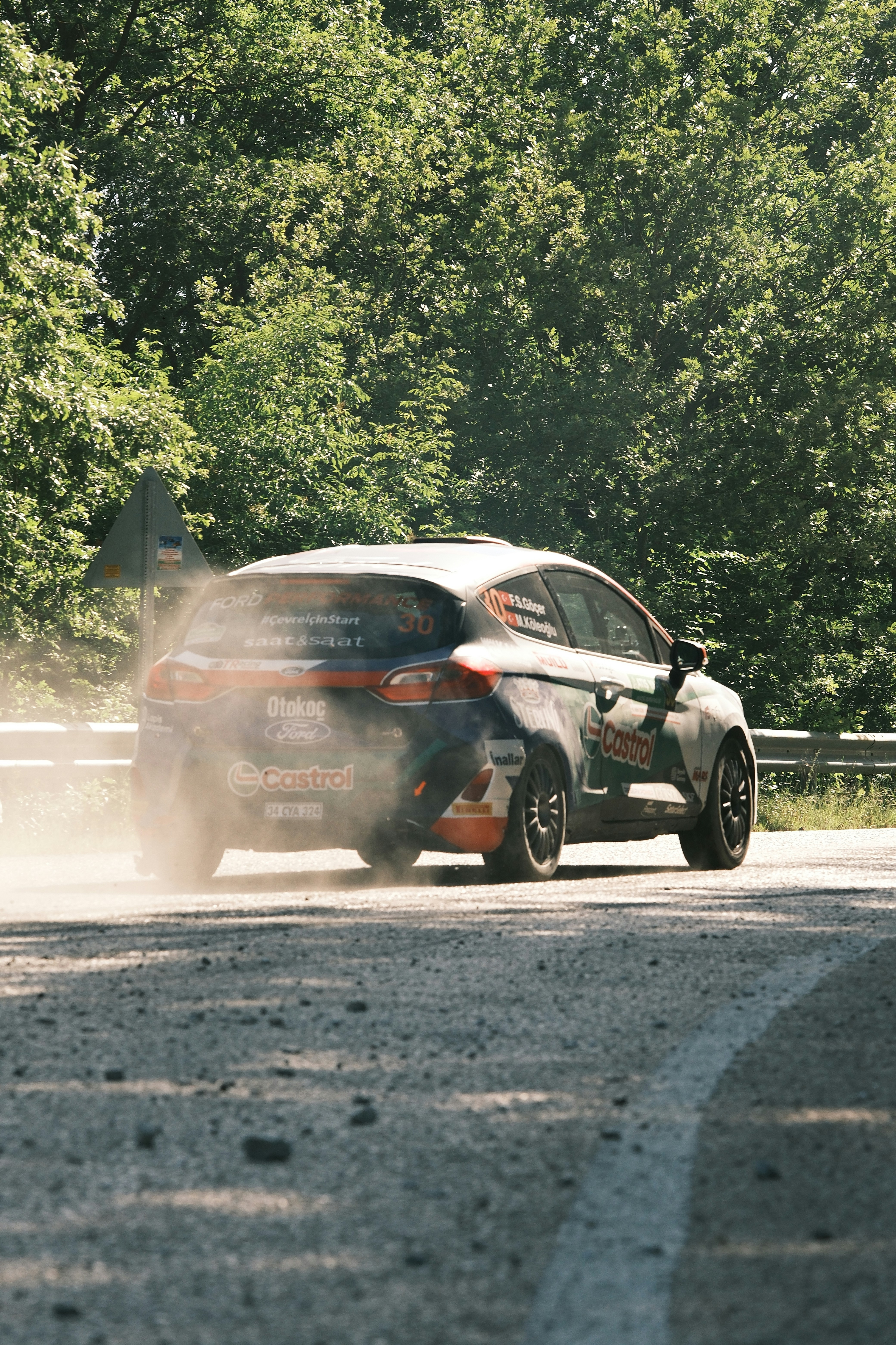 Dust Trail Rally: Castrol-livery racer carving through a sunlit forest road
