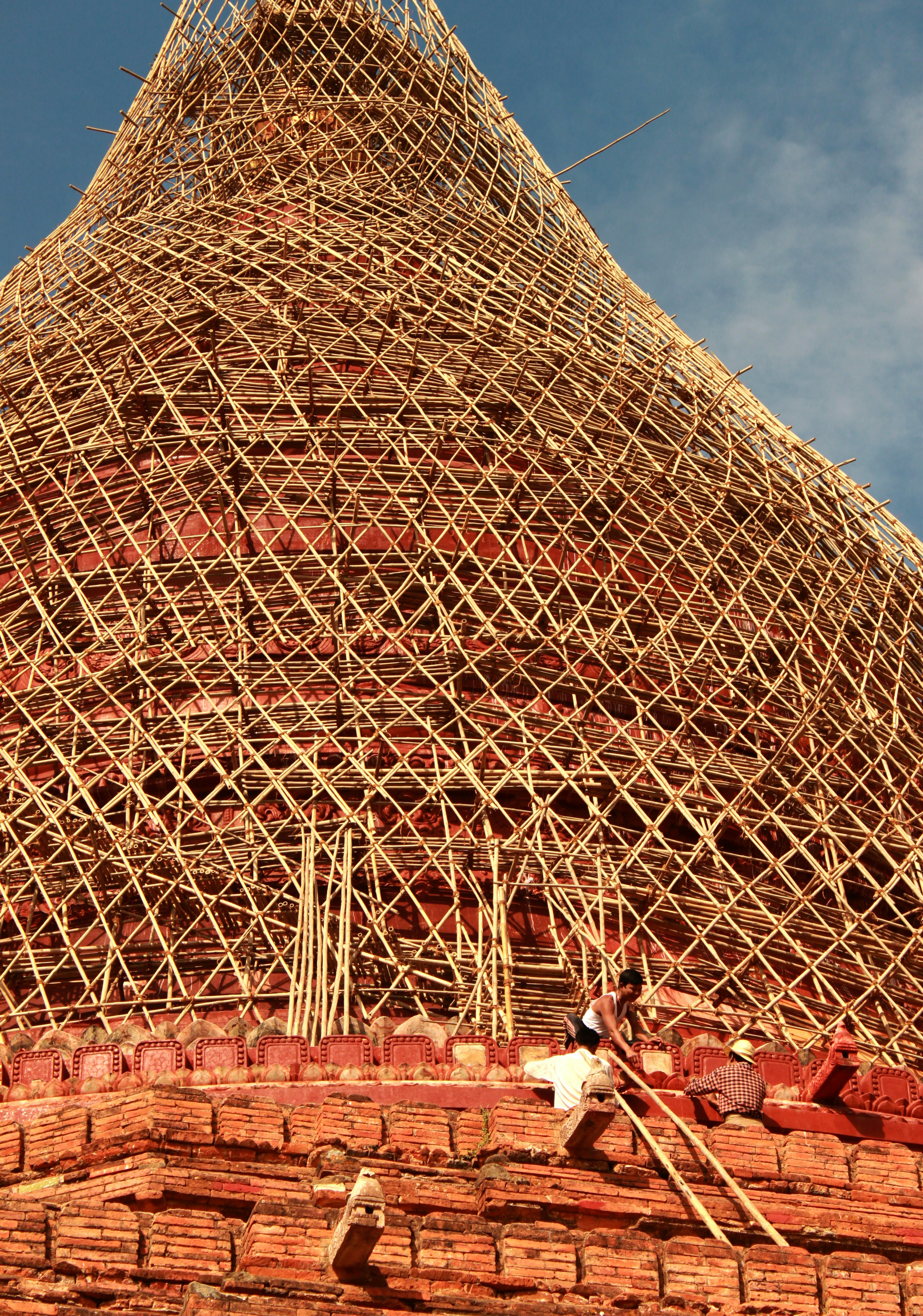 Crisscrossed Bamboo Lattice Envelops a Brick Spire