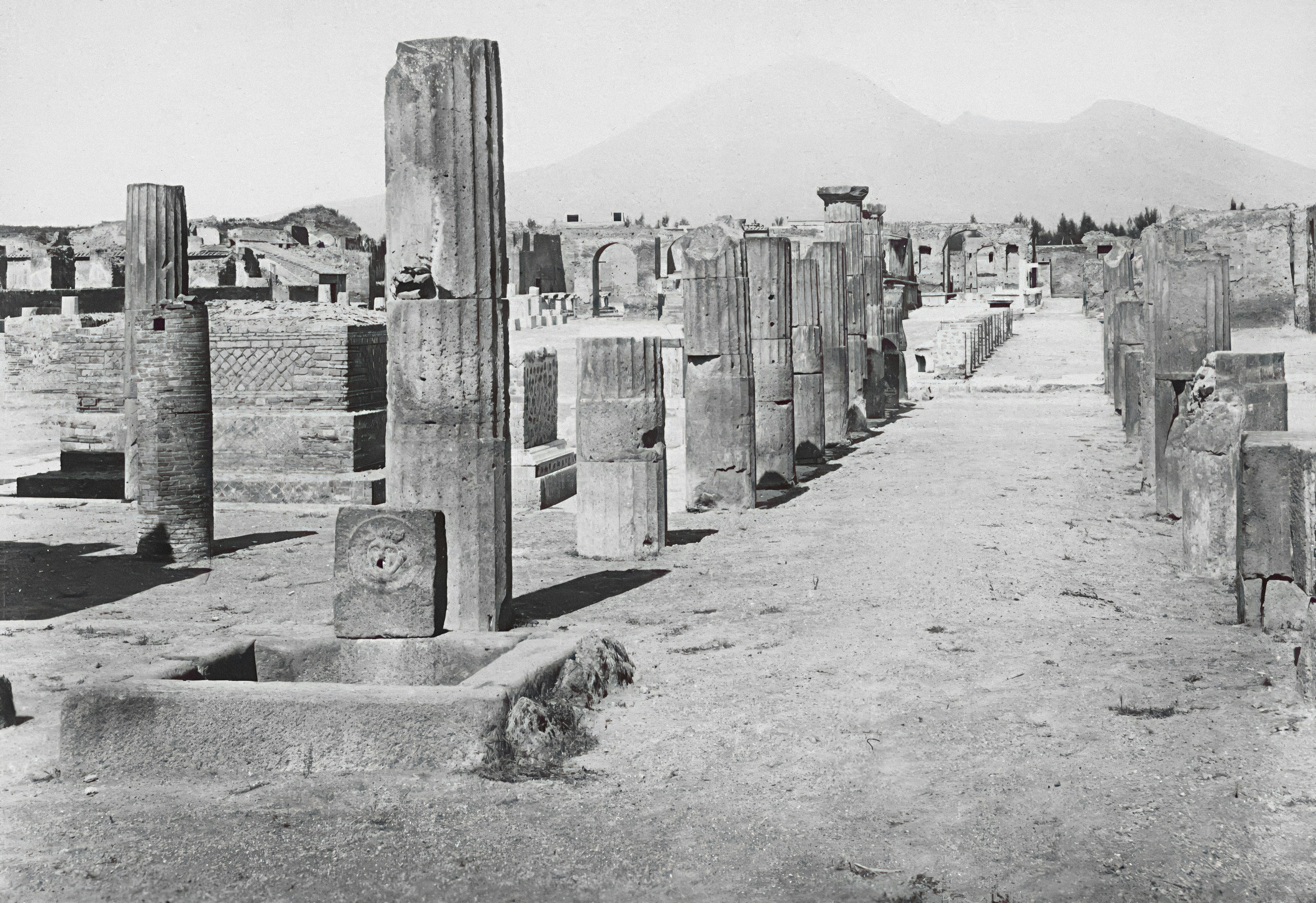 Black-and-white photograph of ancient ruins with rows of standing columns along a dusty path toward distant mountains.