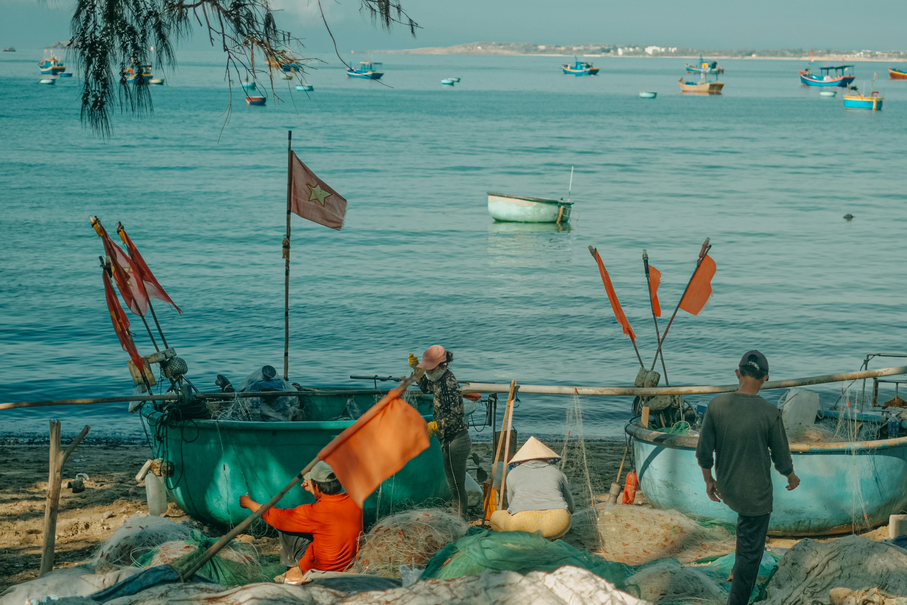 A group of people standing on top of a beach next to a body of water ...